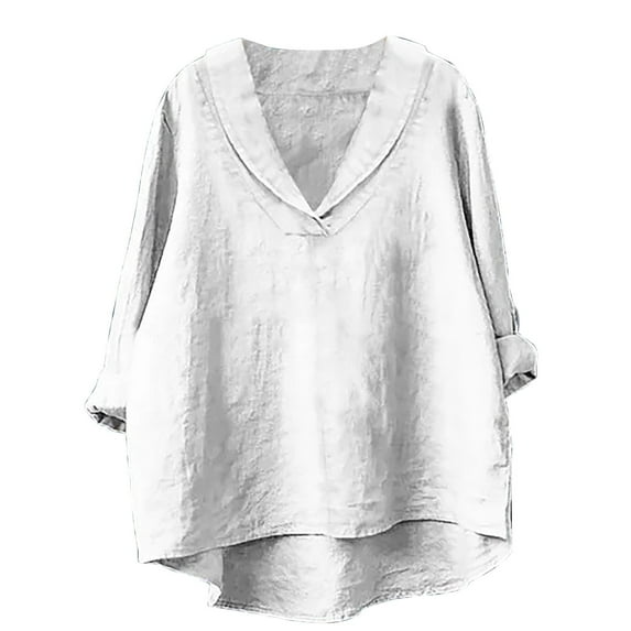 Breezora Bohemian V Neck Linen Blouse for Women Loose Fit Lapel Long ...