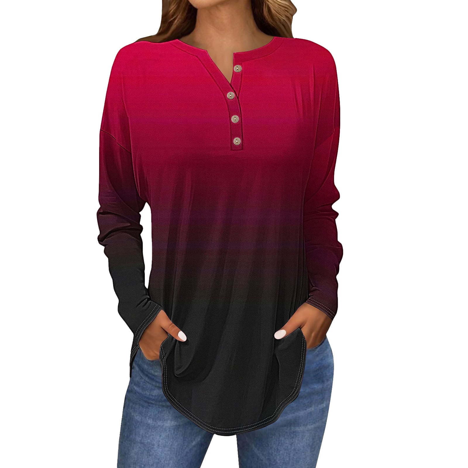 Breezora Casual Long Sleeve Top for Women with V Neck Button Front and ...