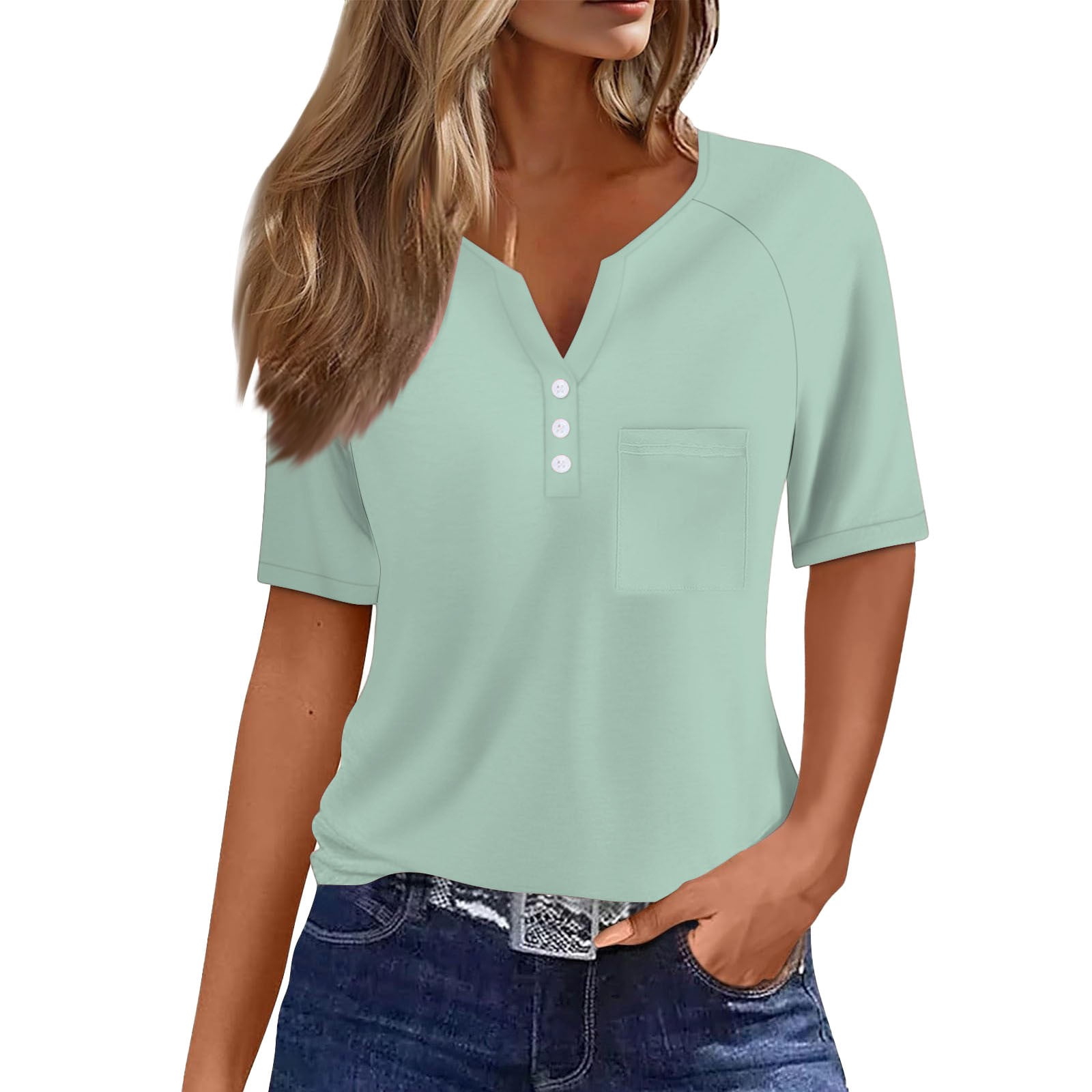 Breezora Daily Wear V Neck Pocket Tops Women's Casual Short Sleeve ...
