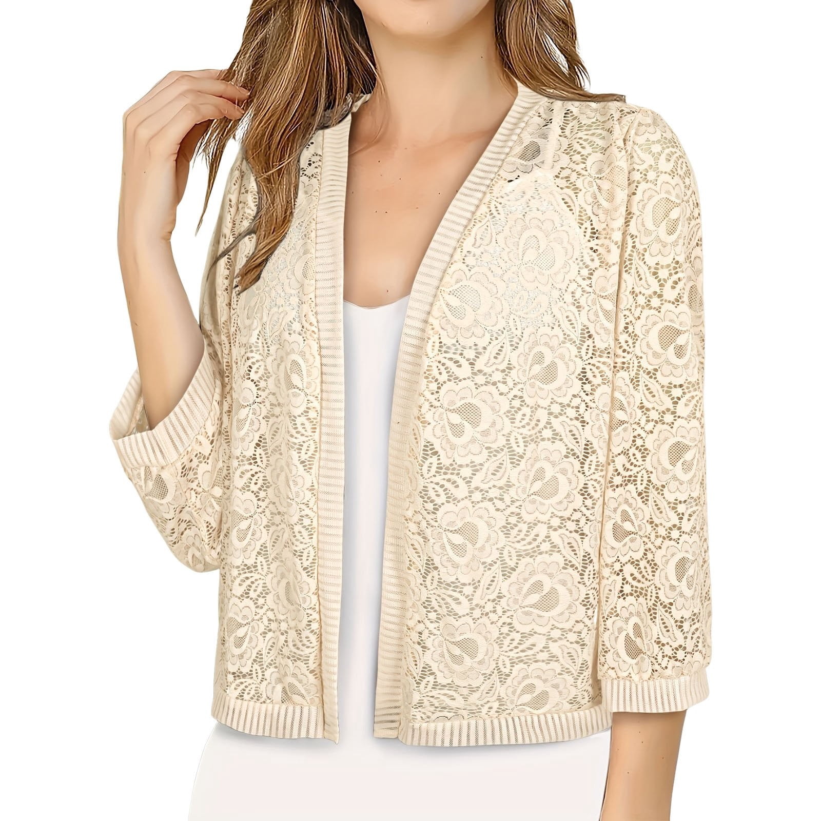 Breezora Ladies V Neck Three Quarter Sleeve Lace Trim Knit Cardigan ...