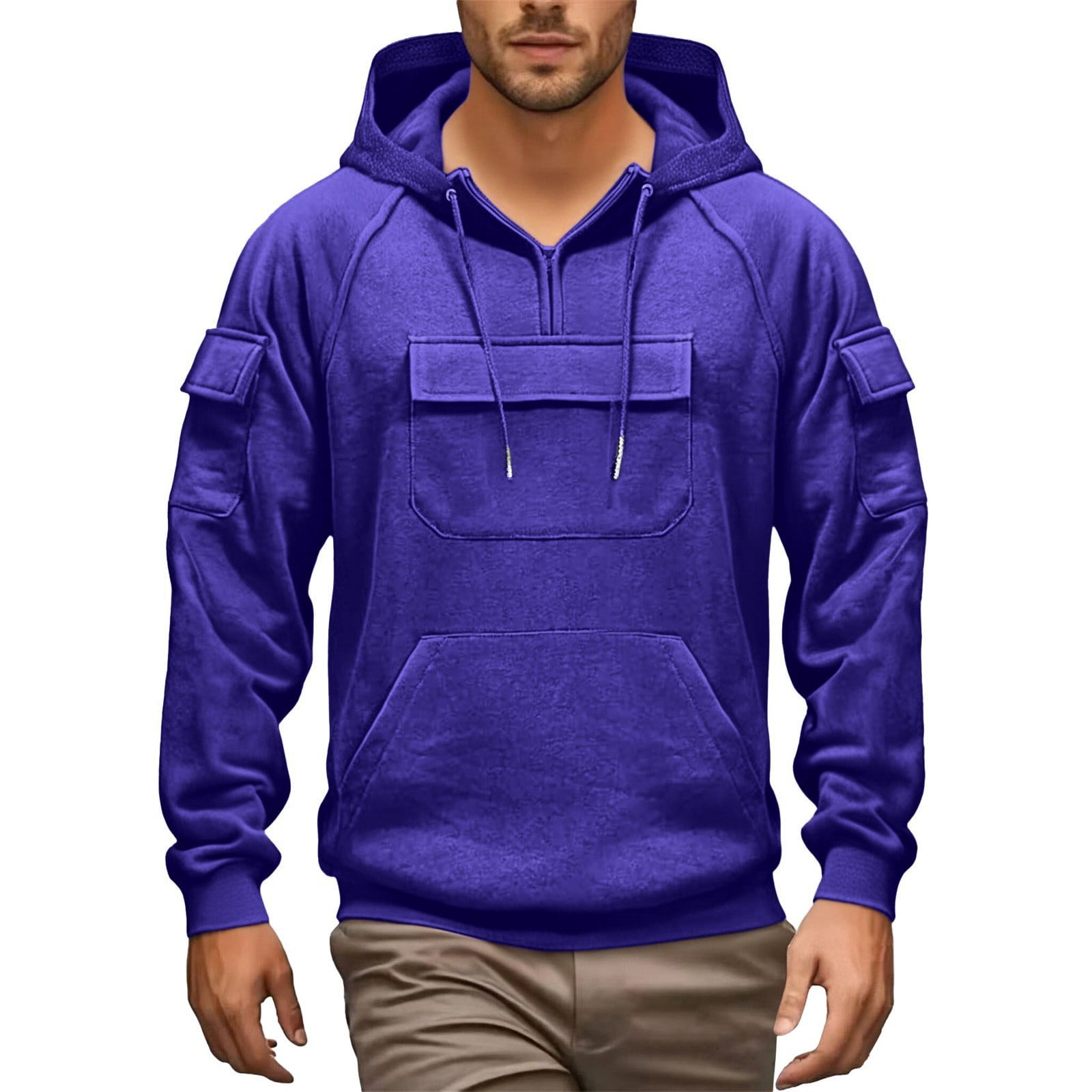 Breezora Men Utility Hooded Sweatshirt Quarter Zip Front Cargo Pocket ...