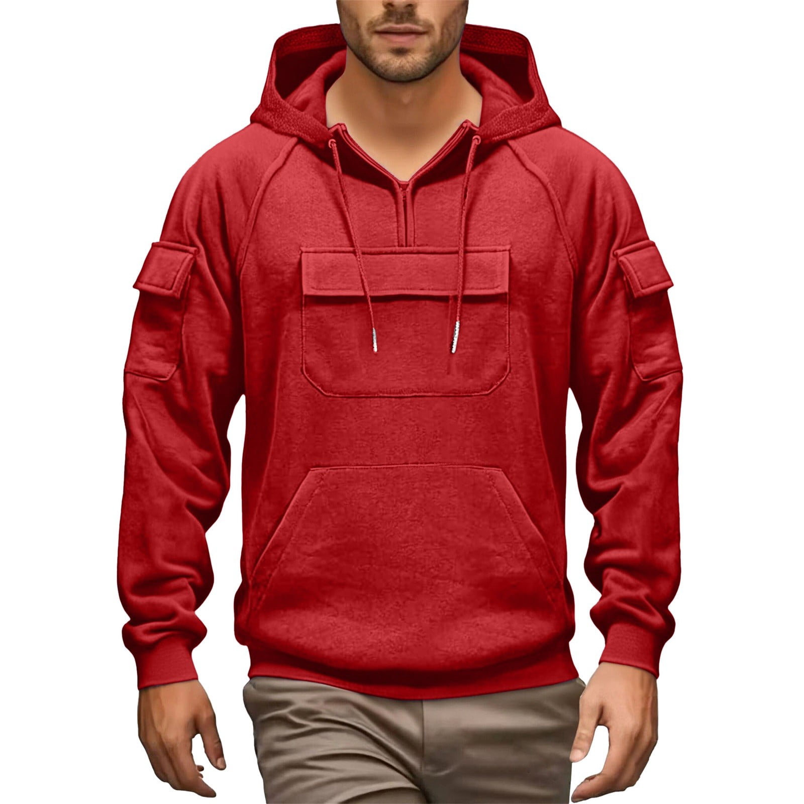 Breezora Men Utility Hooded Sweatshirt Quarter Zip Front Cargo Pocket ...