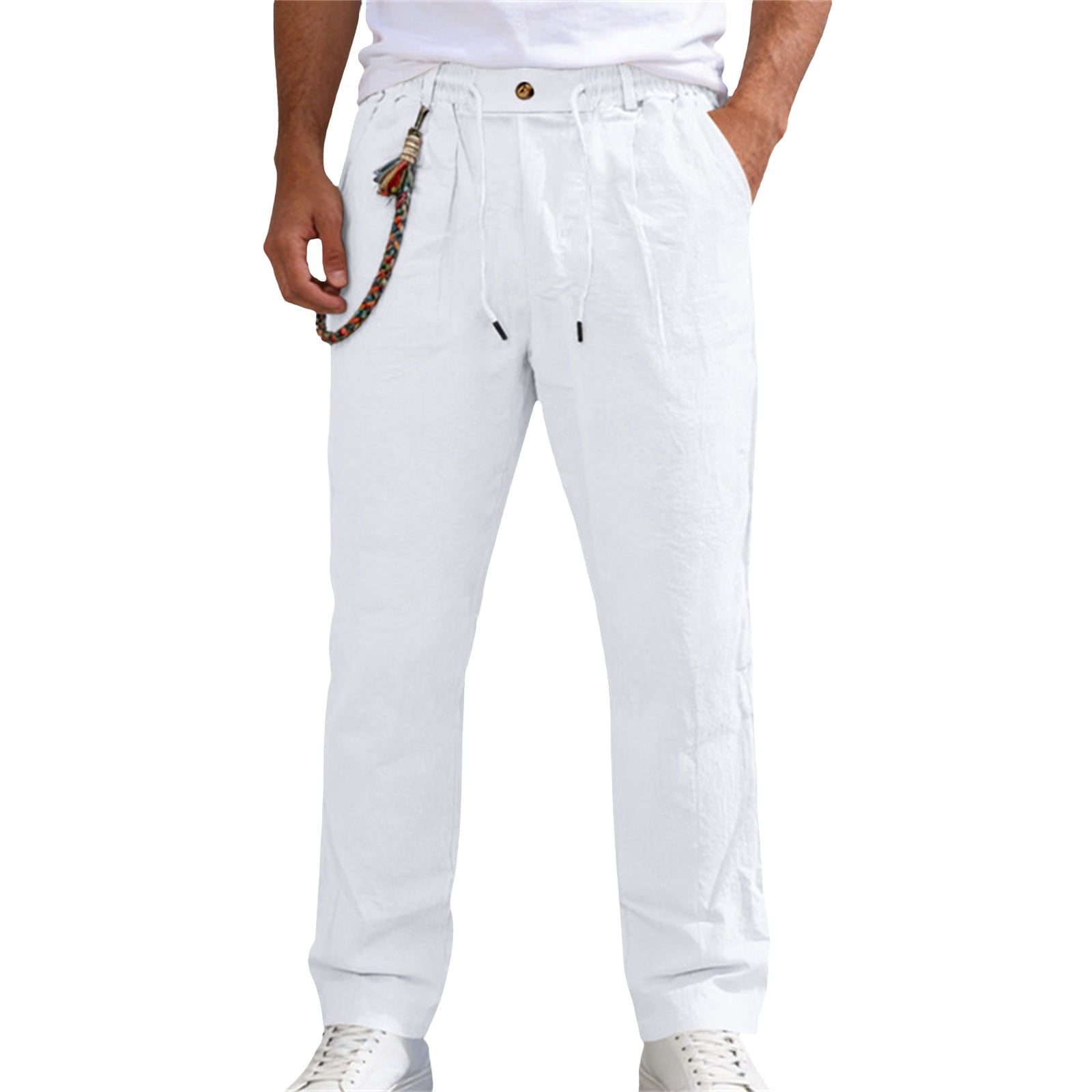 Breezora Mens Lightweight Linen Pants Elastic Waist Straight Leg ...