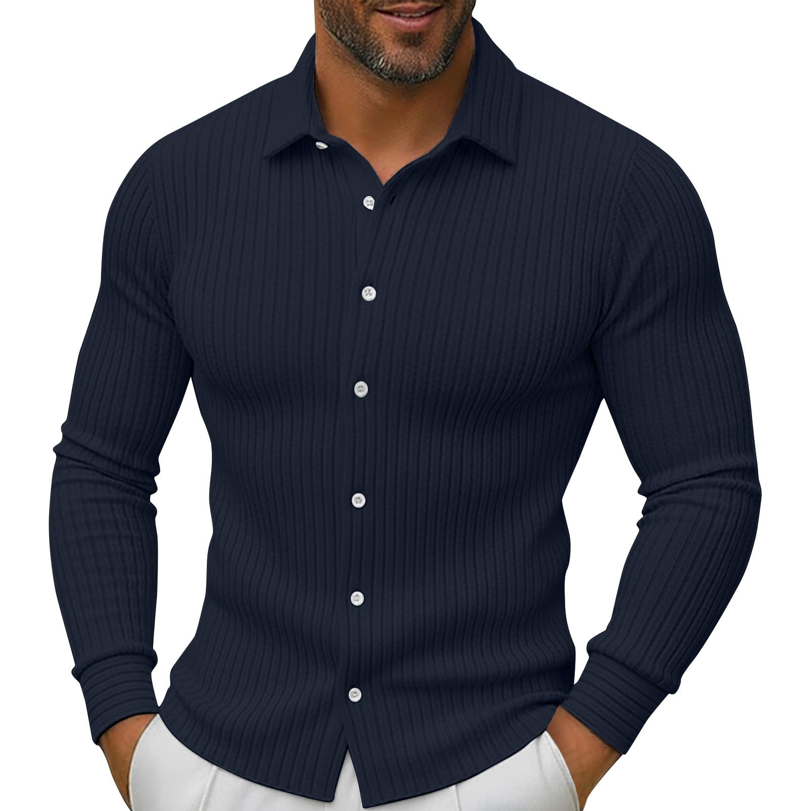 Breezora Mens Rib Knit Shirt Lapel Collar Long Sleeve Casual Streetwear ...