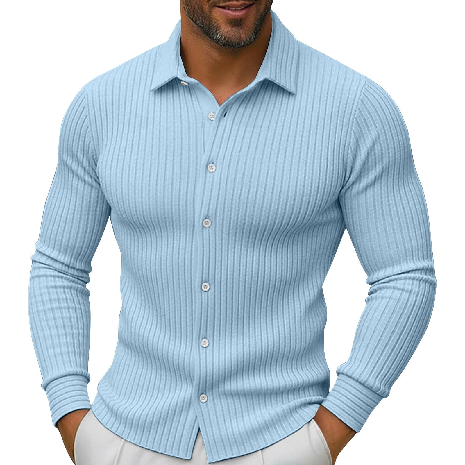 Breezora Mens Rib Knit Shirt Lapel Collar Long Sleeve Casual Streetwear ...