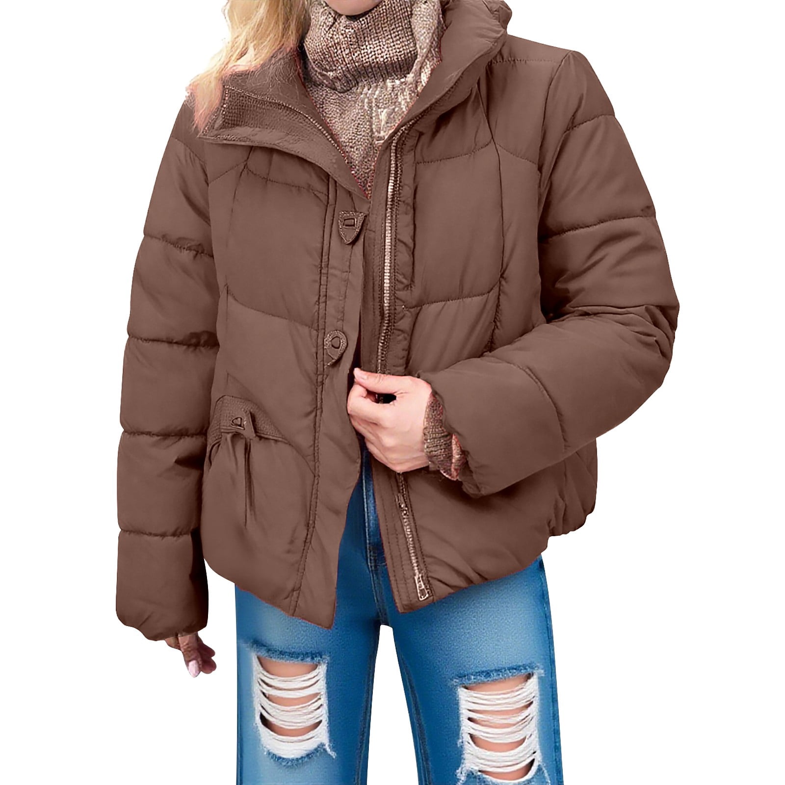 Breezora Quilted Puffer Jacket for Women Full Zip Hooded Bubble Coat ...
