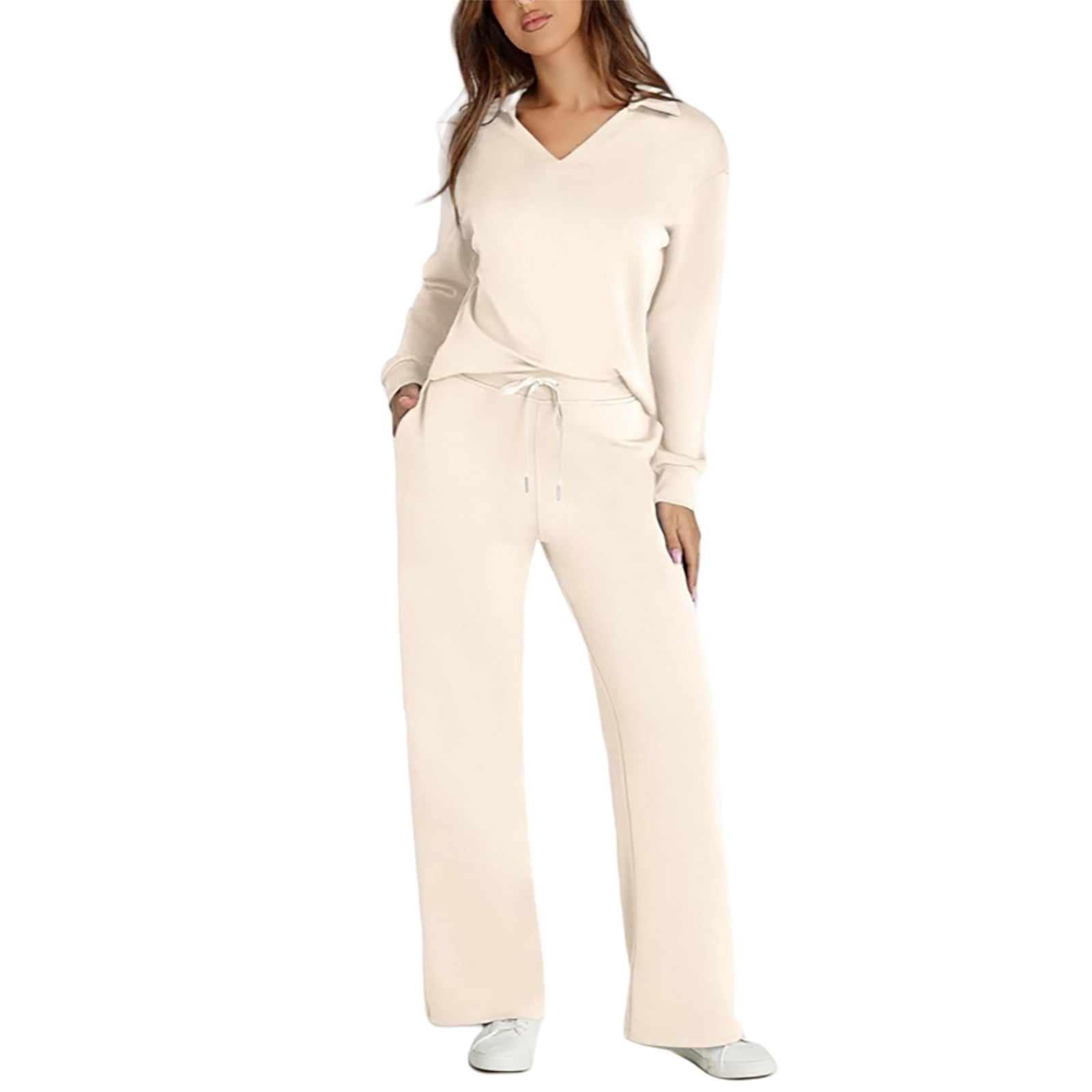 Breezora Relaxed V Neck Long Sleeve Top and Flare Pants Set Women's ...