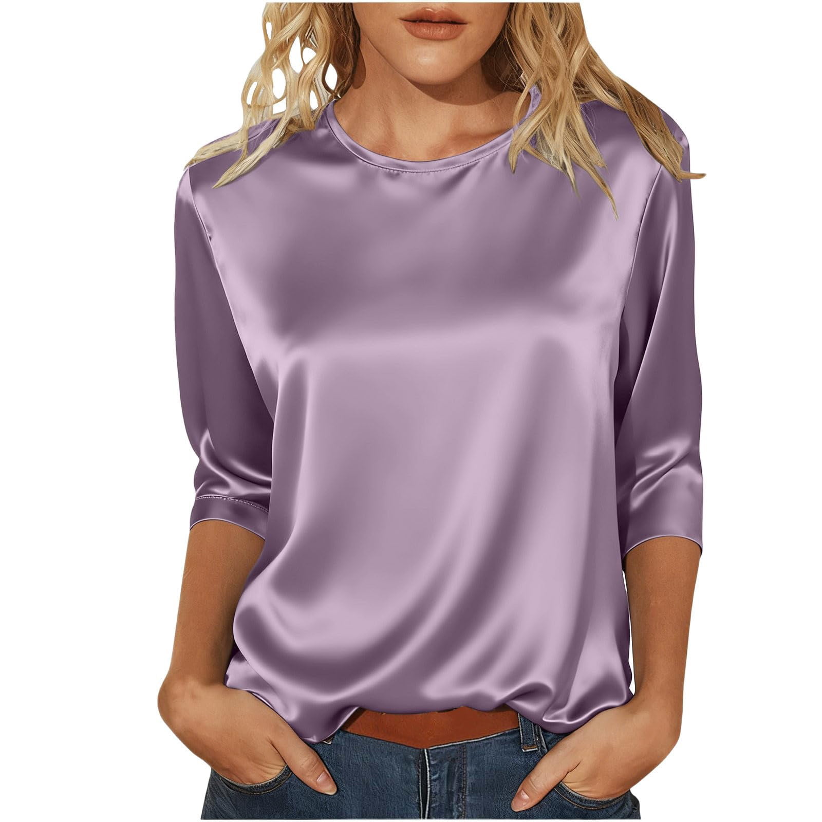 Breezora Satin Feel Round Neck Blouse For Women Elegant Three Quarter ...