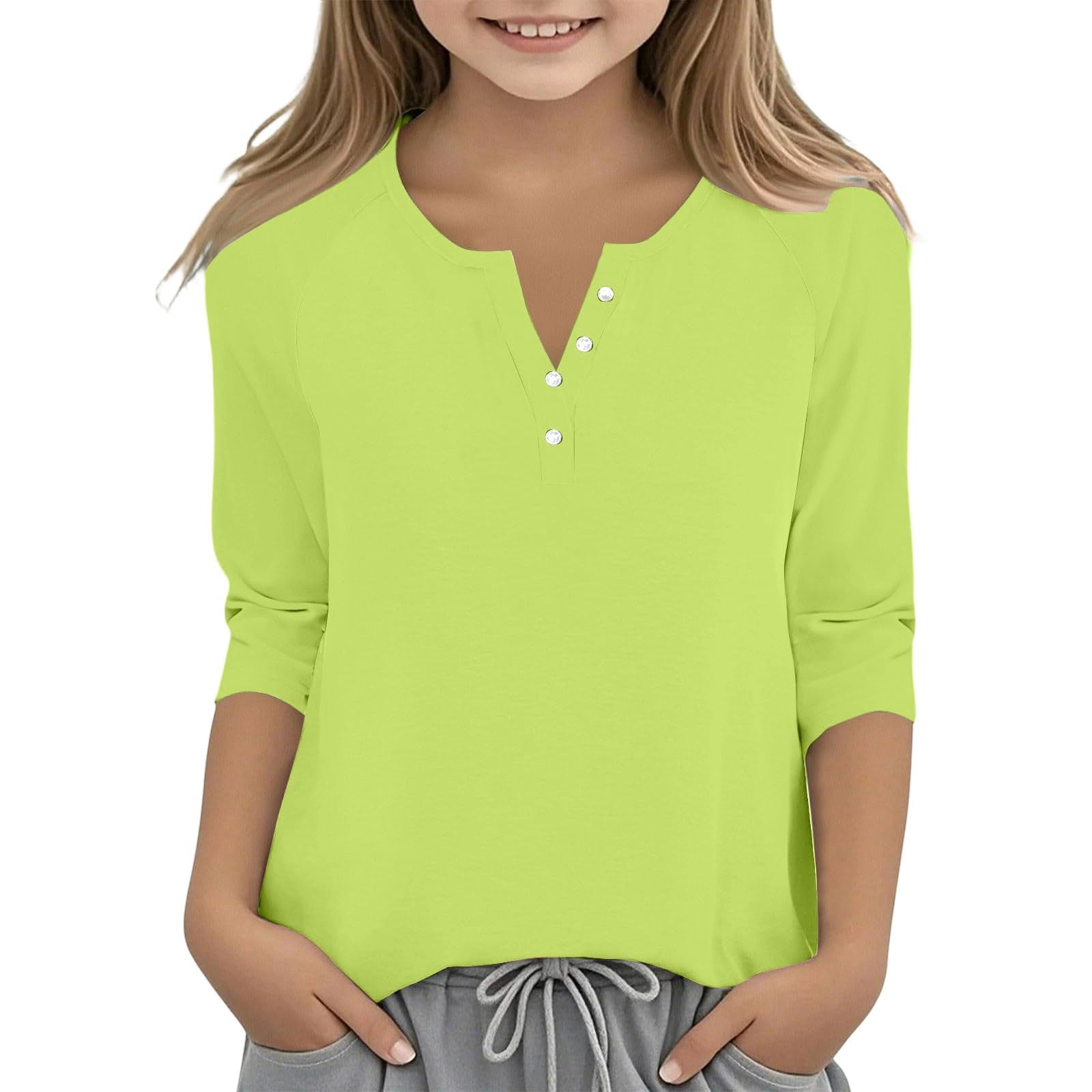 Breezora School Girl Tops Button Down Blouses V Neck 3/4 Raglan Sleeve ...