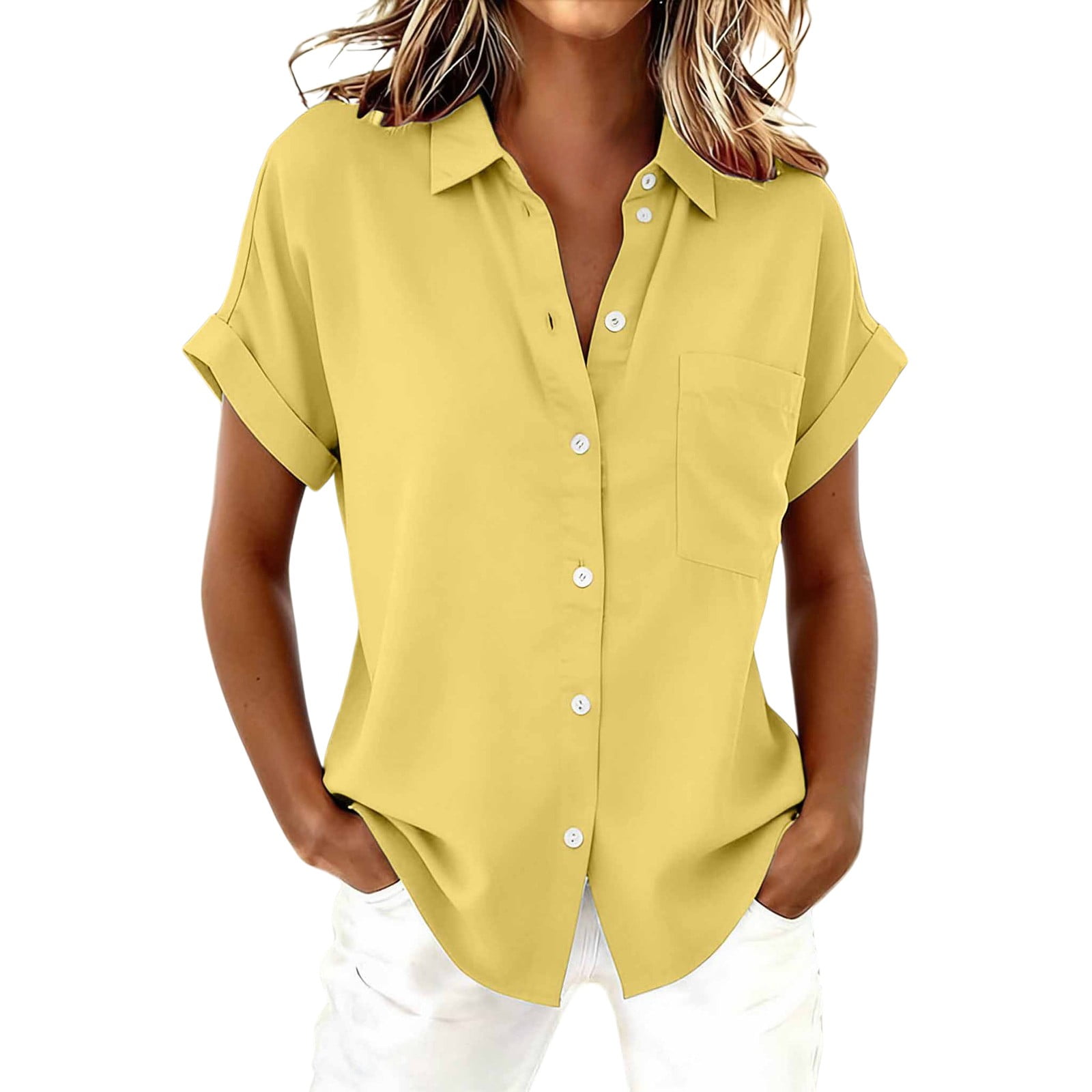 Breezora Short Sleeve Button Down Shirt Women Collared Top With Chest ...