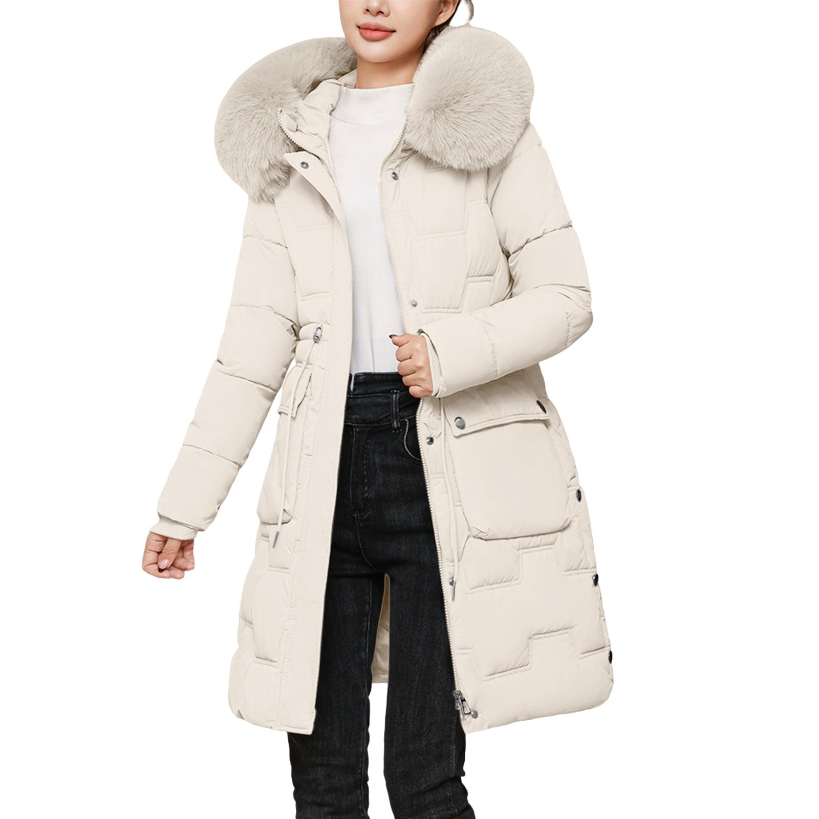 Breezora Slim Fit Long Puffer Coat for Women Warm Thickened Lined Waist ...