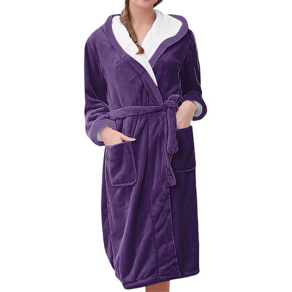 Breezora Soft Women Long Robe Cozy Fleece Loungewear Hooded Bathrobe ...