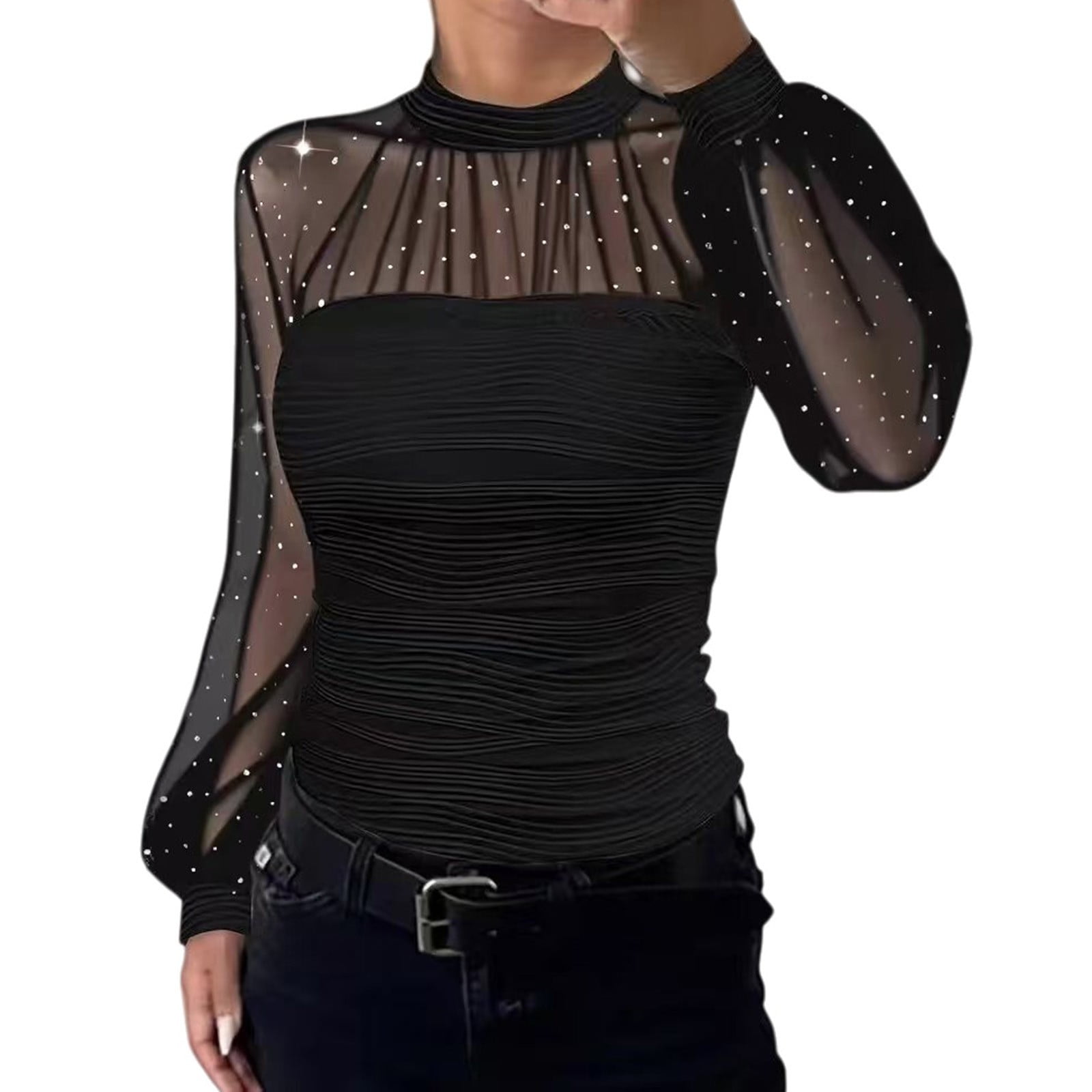 Breezora Sparkle Sequin Blouse for Women Elegant Long Sleeve Top ...