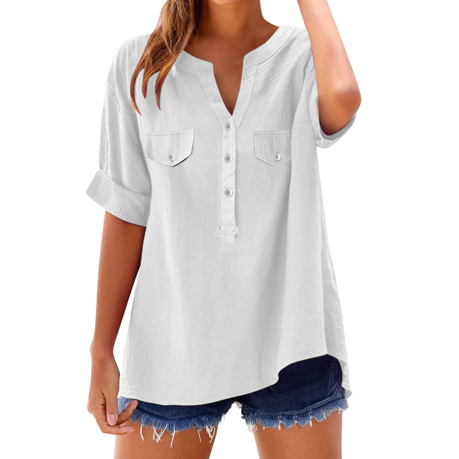 Breezora Stand Collar Mid Sleeve Button Front Shirt Women's Loose Fit ...