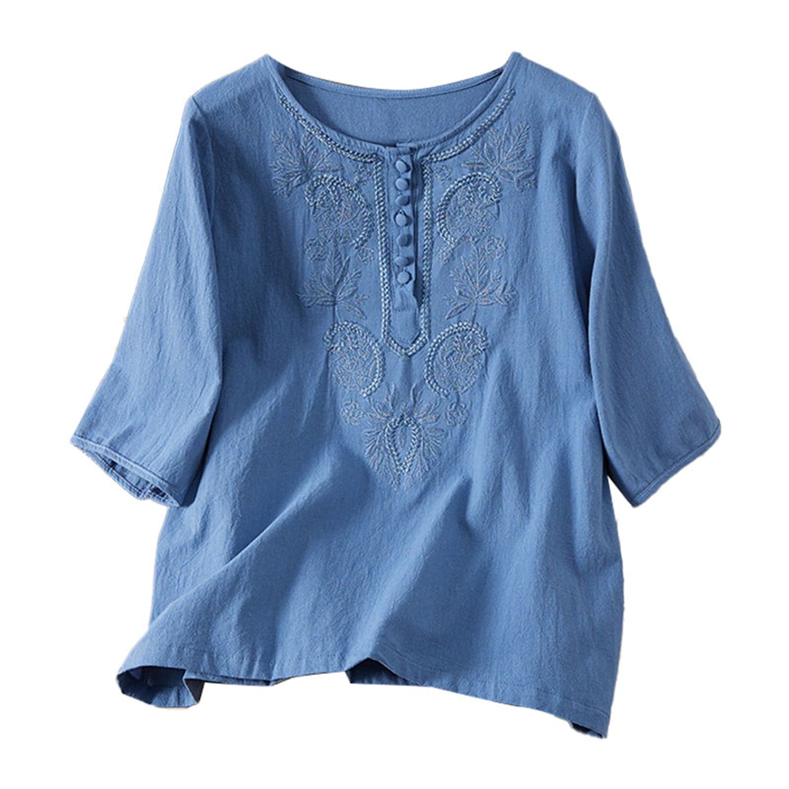 Breezora Summer Women's Vintage Top Short Sleeve Ethnic Embroidery ...