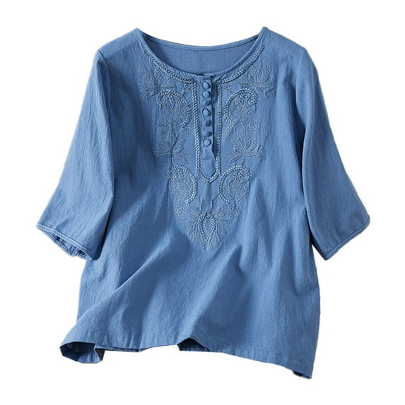 Breezora Summer Women's Vintage Top Short Sleeve Ethnic Embroidery ...