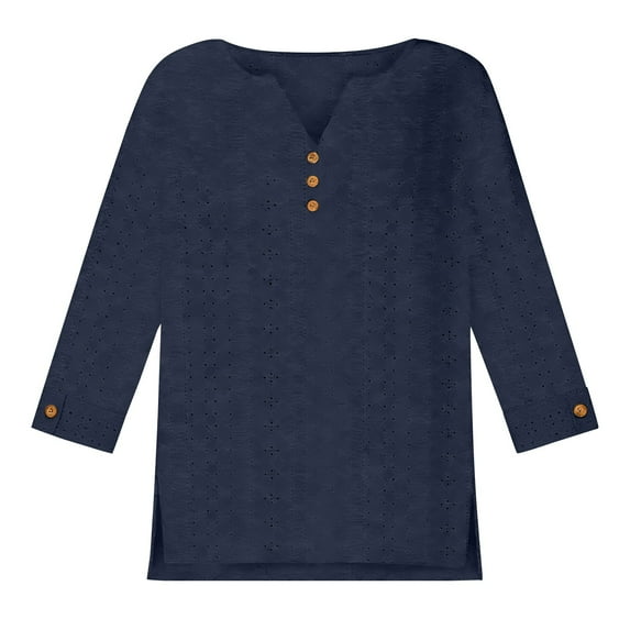 Breezora Trendy V Neck Eyelet Blouse for Women Three Quarter Sleeve ...