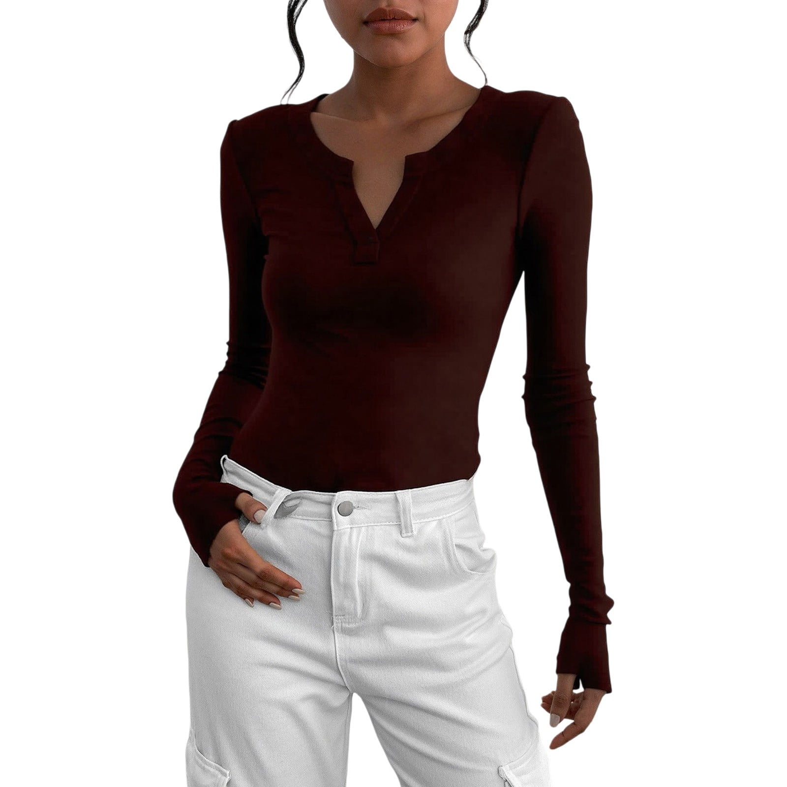 Breezora V Neck Slim Fit Long Sleeve Crop Top Womens Fall 2025 Basic ...