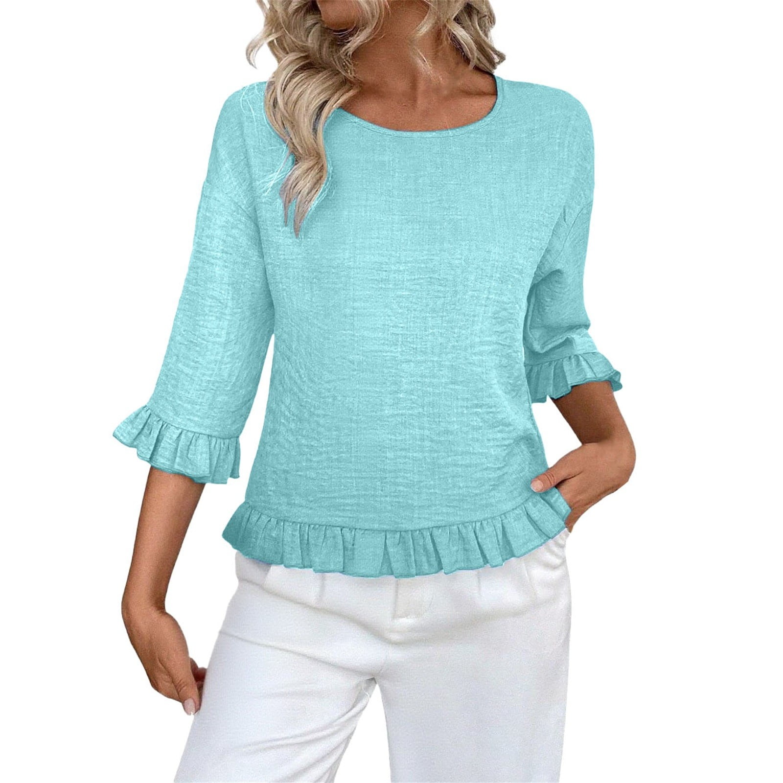 Breezora Women Round Neck Short Sleeve Blouse Relaxed Drop Shoulder ...