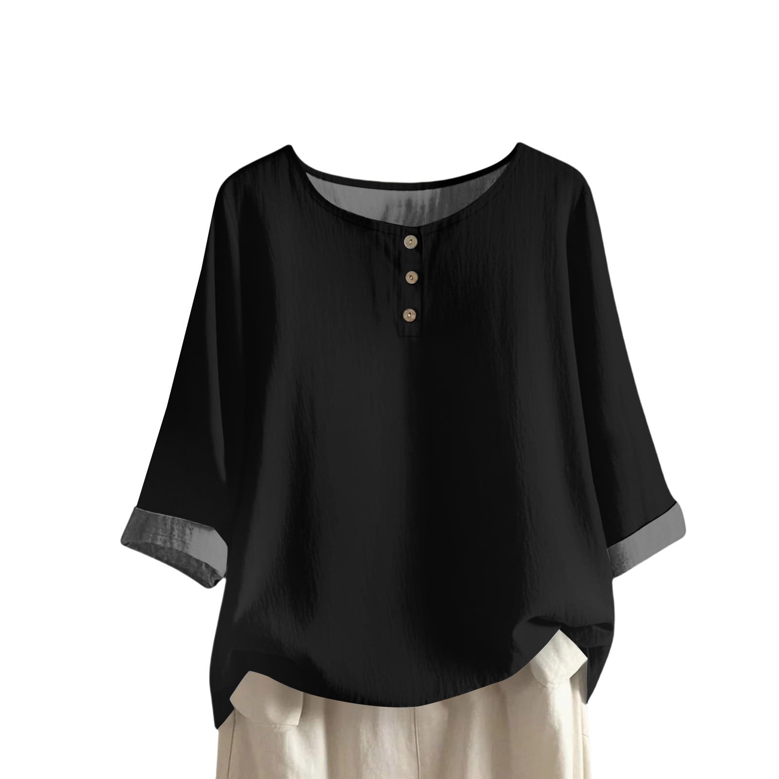 Breezora Women's 3/4 Sleeve Button Front Blouse Relaxed Fit Casual Tops ...