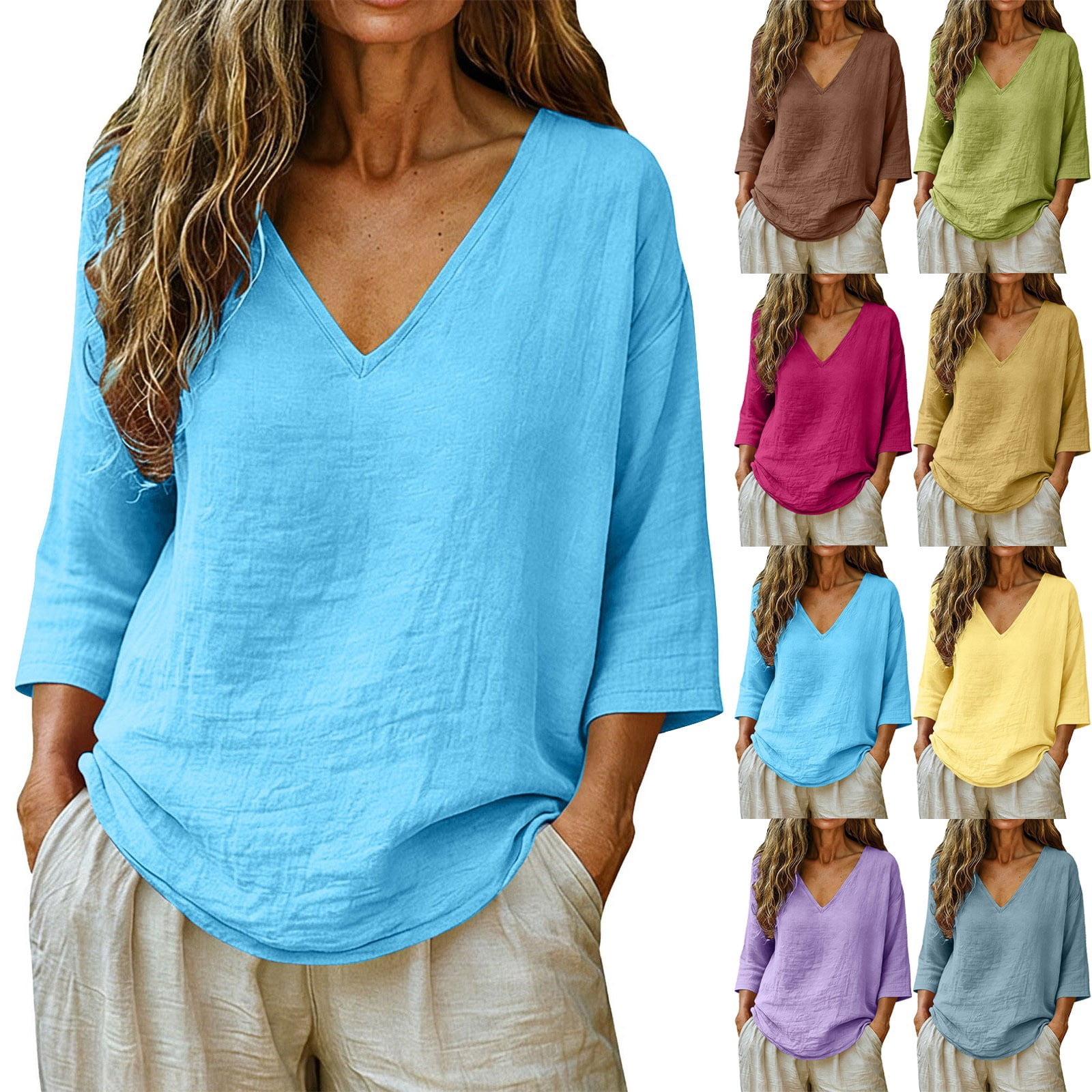 Breezora Women's 3/4 Sleeve V Neck Blouse - Lightweight Cotton Linen ...