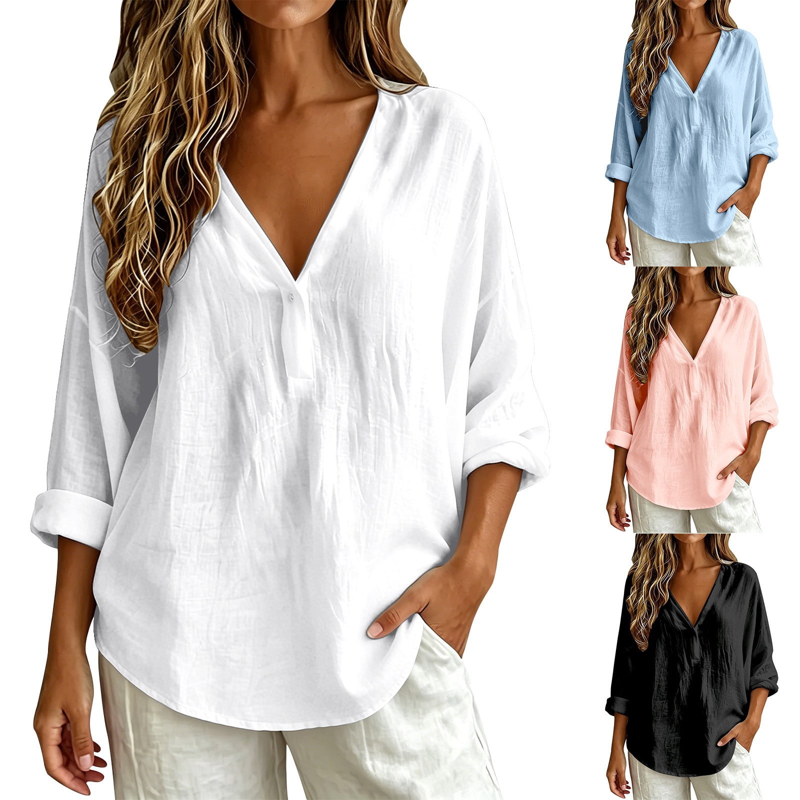 Breezora Women's Casual Linen Long Sleeve V Neck T Shirt Solid Color ...