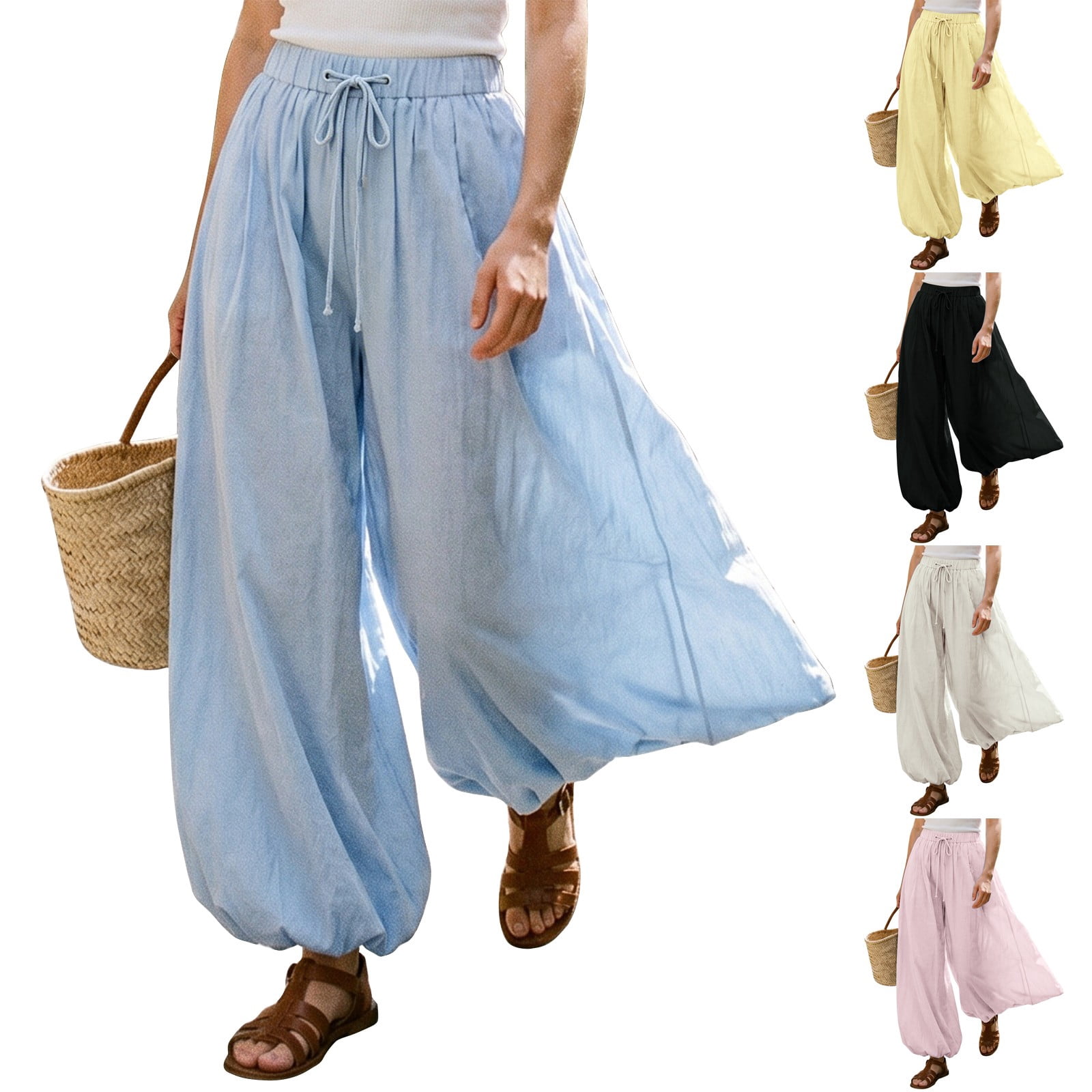 Breezora Women's Casual Summer Linen Baggy Pants High Waist Elastic ...