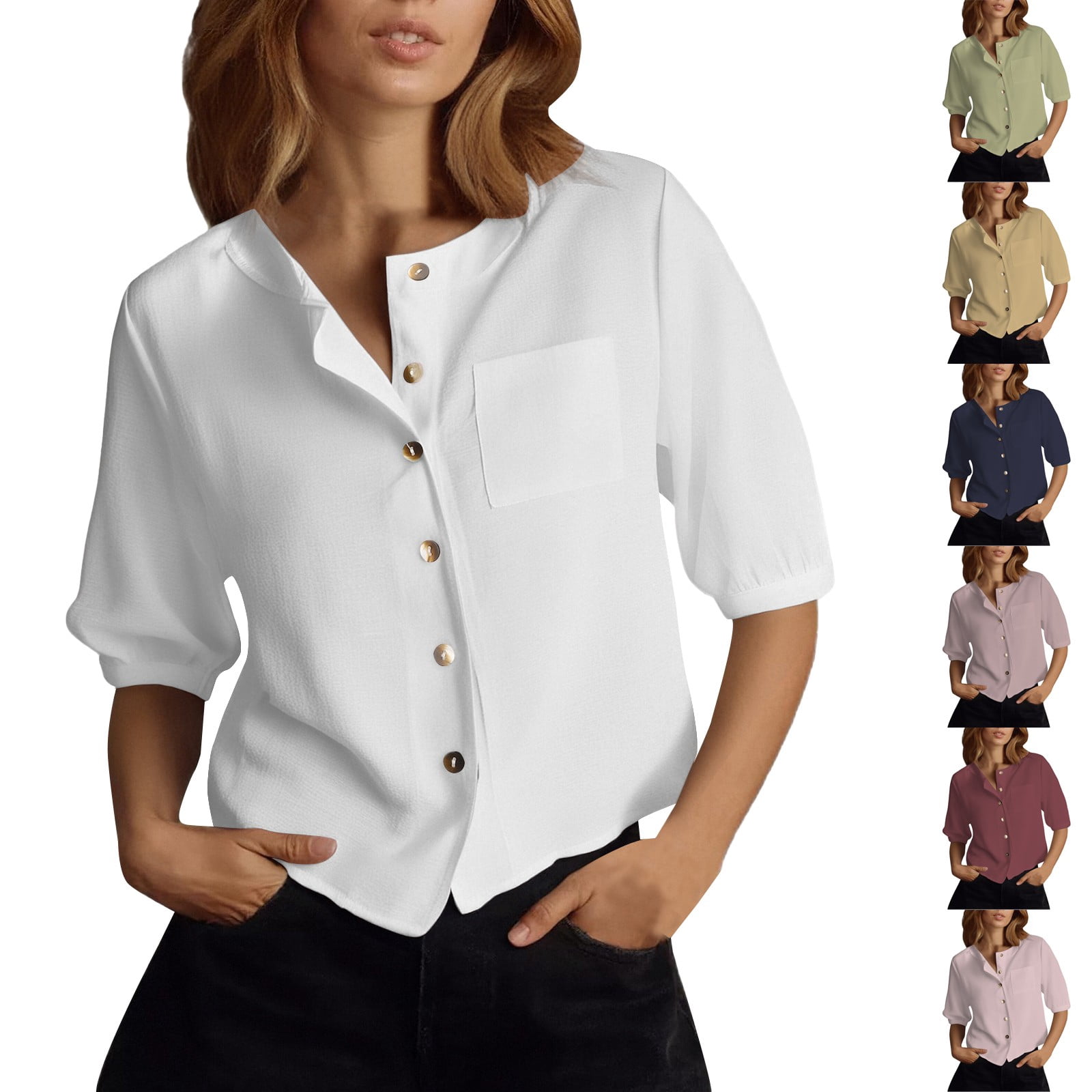 Breezora Women's Cotton Linen Shirt Solid Color Casual Button Down ...