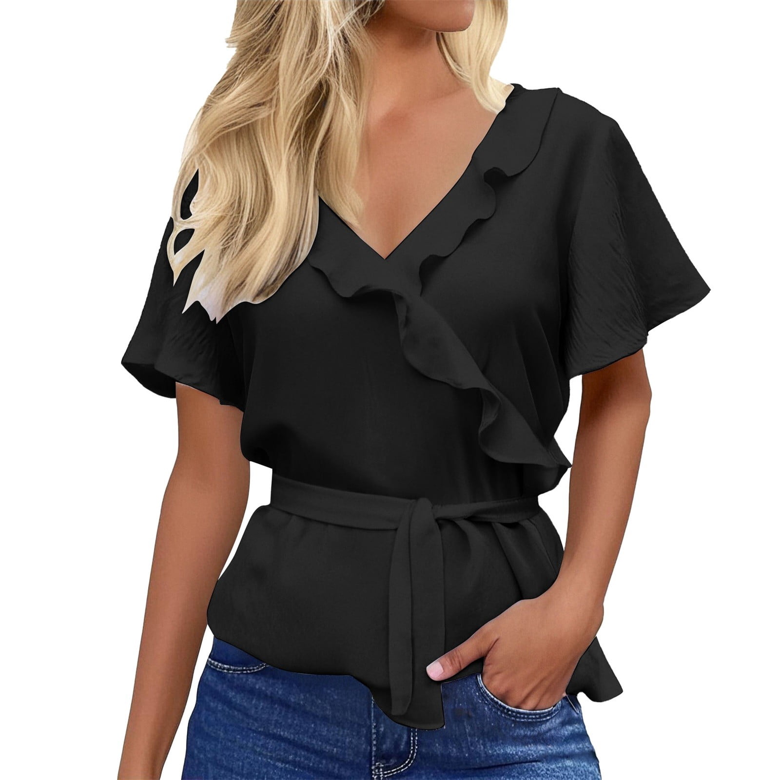 Breezora Women's Elegant Ruffle Wrap V Neck Blouse Tie Waist Peplum Top ...