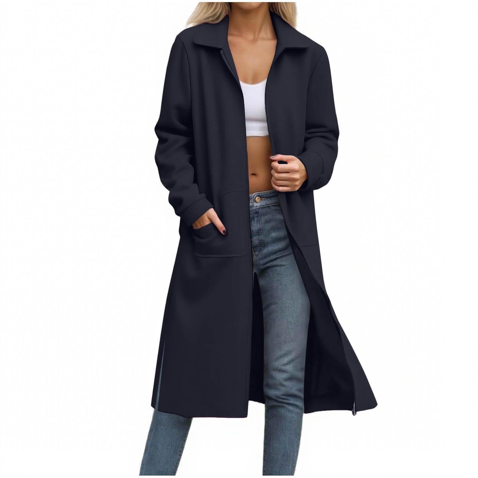 Breezora Women's Fall Winter Long Wool Blend Coat Loose Fit Notched ...