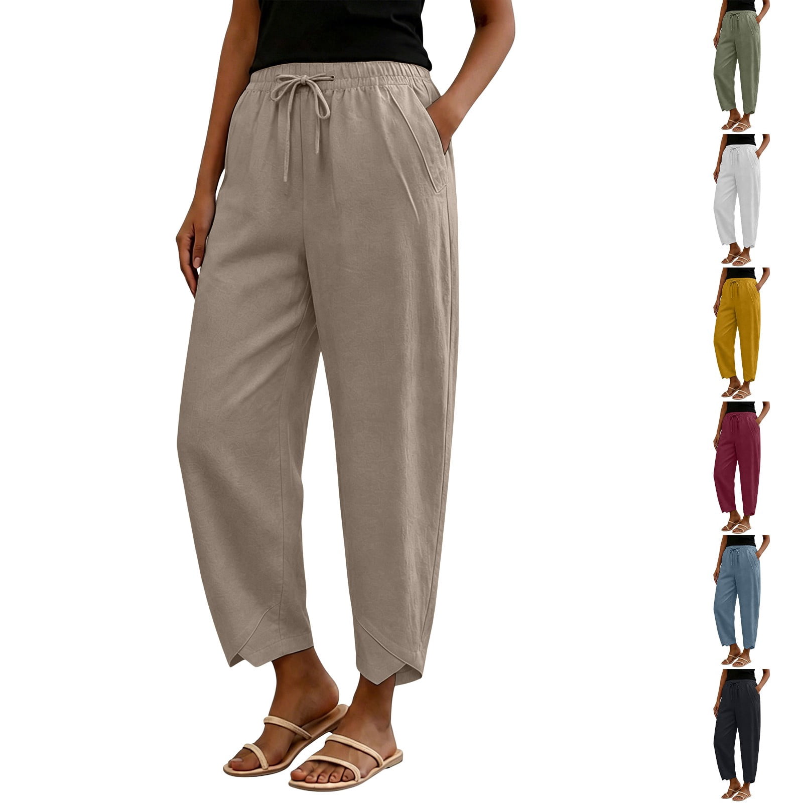 Breezora Women's Linen Cotton Barrel Wide Leg Pants Casual Curved Loose ...