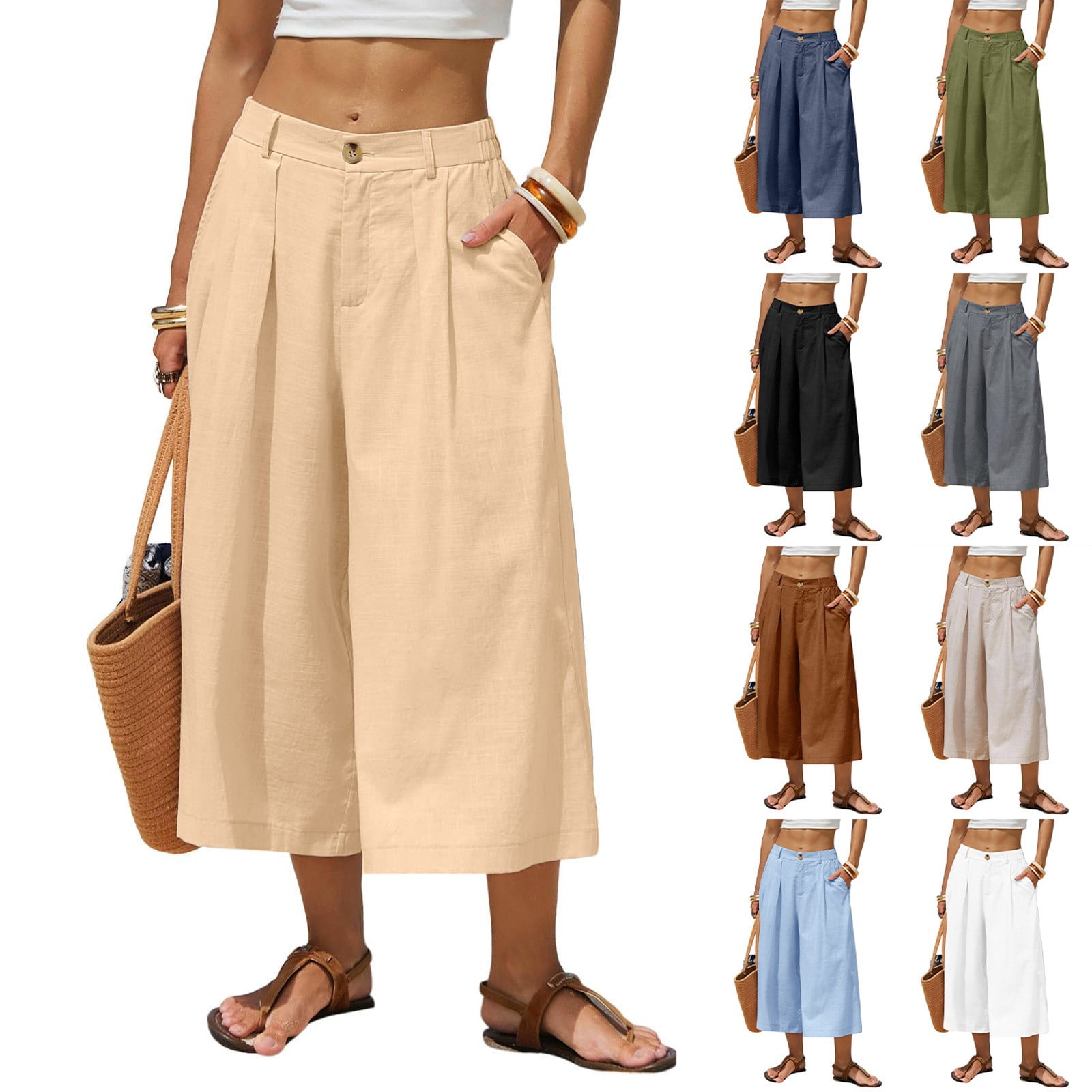 Breezora Women's Linen Cotton Pants Summer Wide Leg Casual Cropped ...