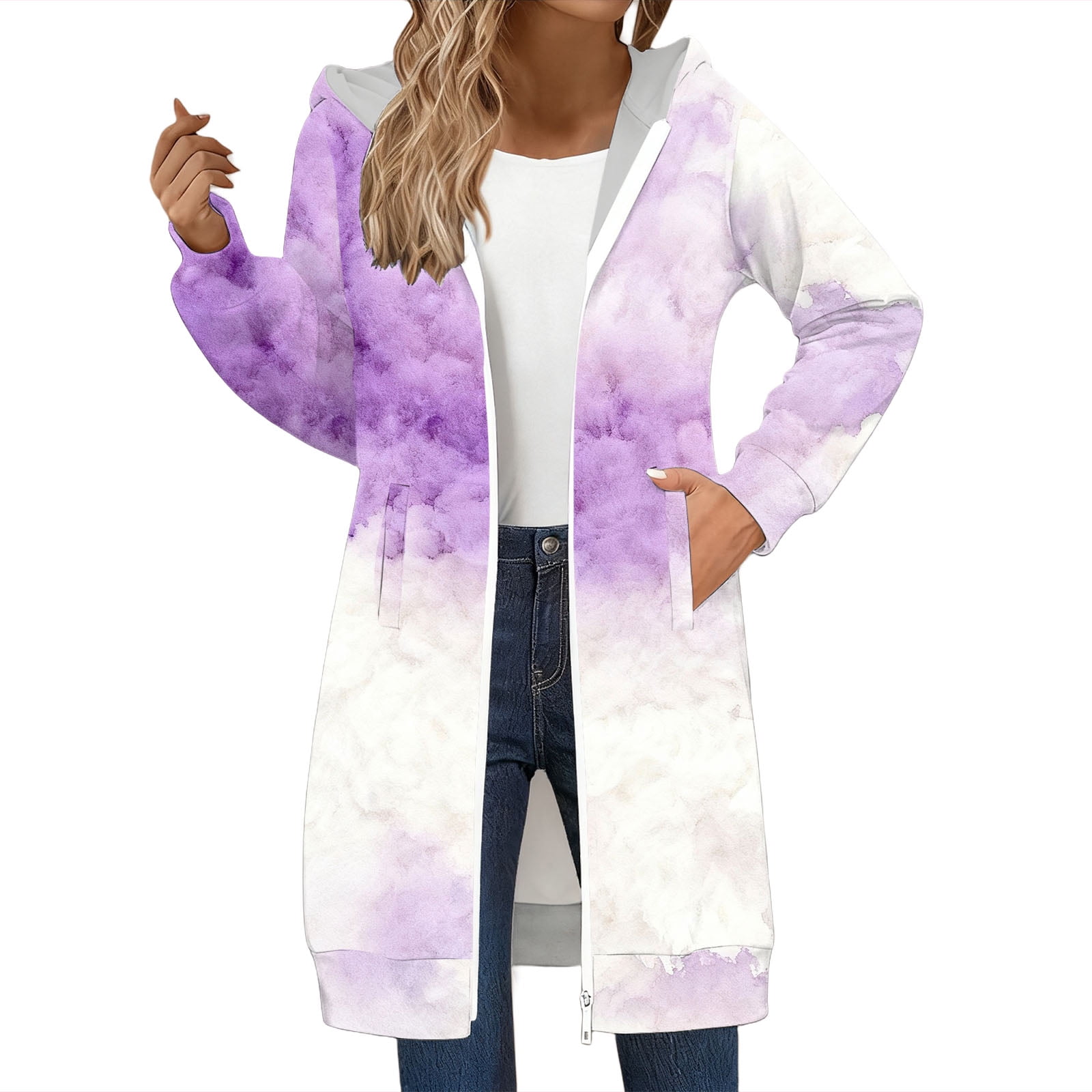 Breezora Women's Long Length Zip Up Jacket with Double Zipper Soft ...