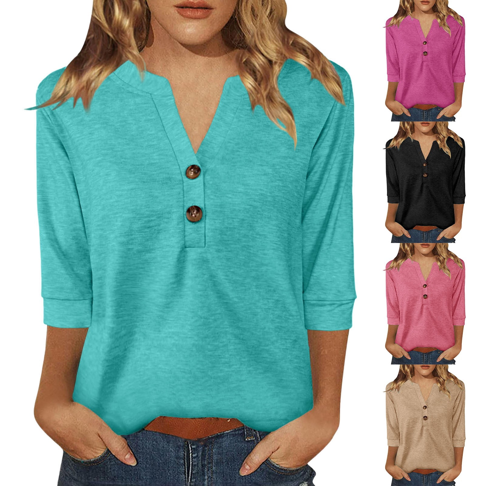 Breezora Women's Long Sleeve T-Shirt, V-Neck 3/4 Sleeve Button Down ...