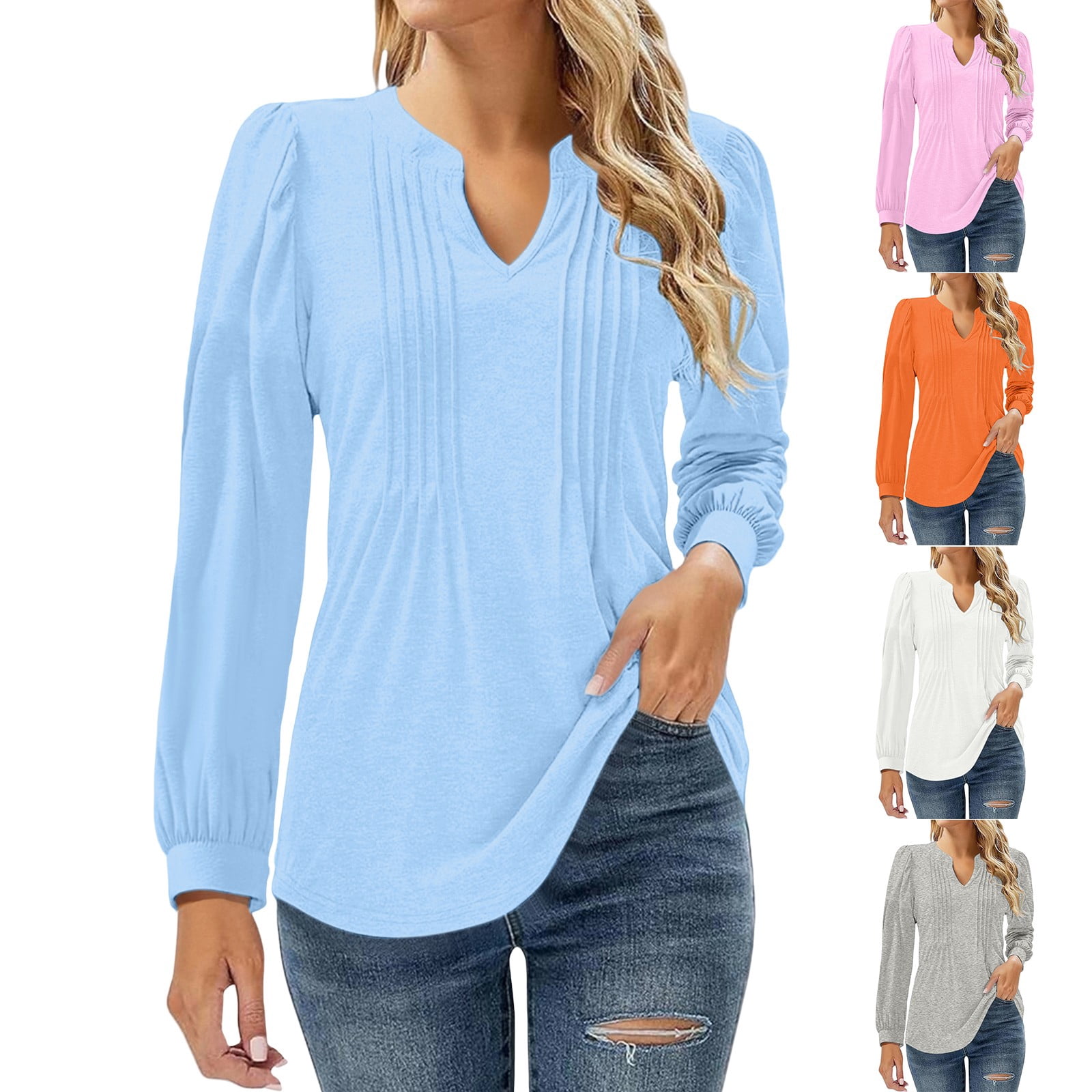 Breezora Women's Long Sleeve T-Shirt, V-Neck Puff Sleeve Pleated Top ...