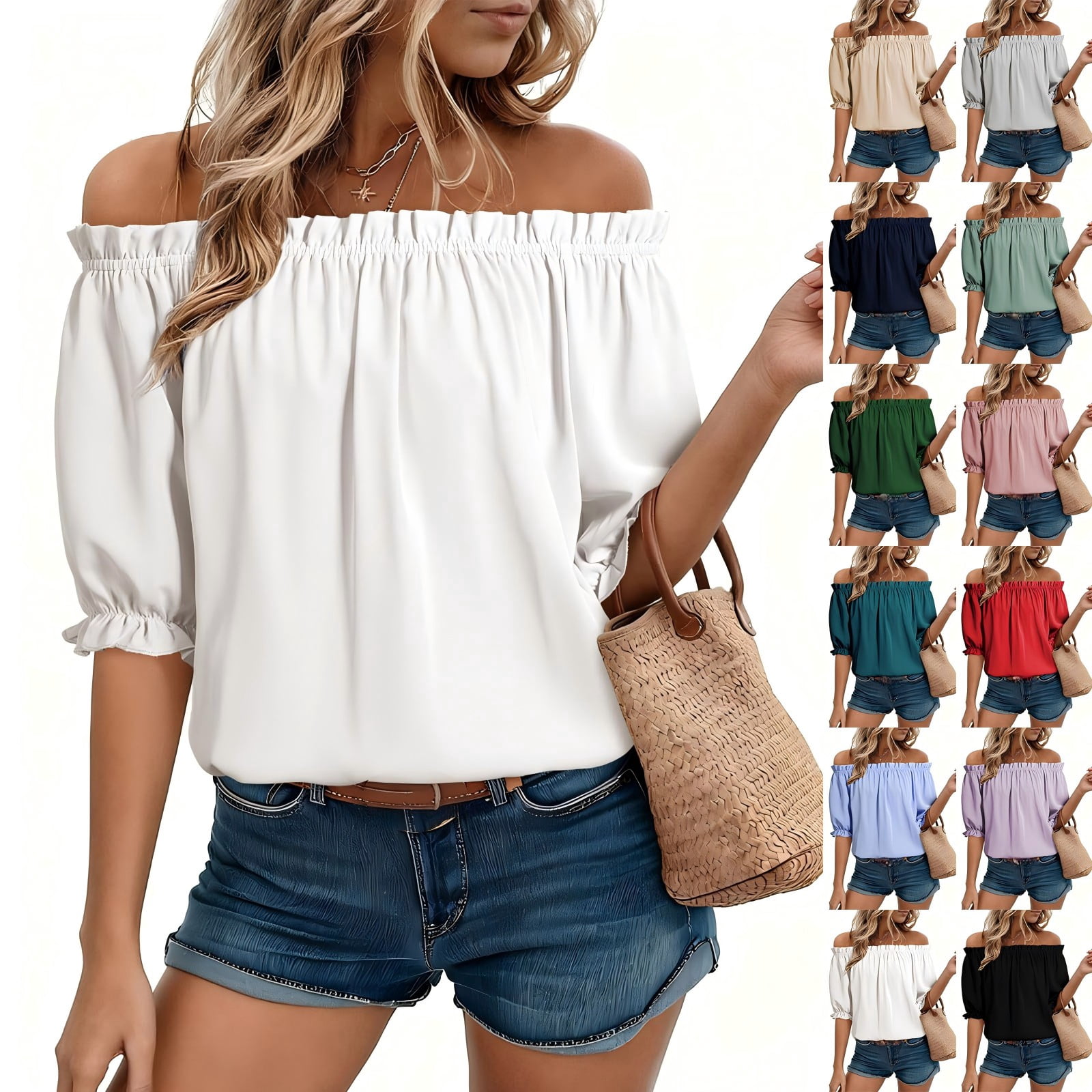 Breezora Women's Off Shoulder Top Ruffle Hem Bubble Short Sleeve Blouse ...