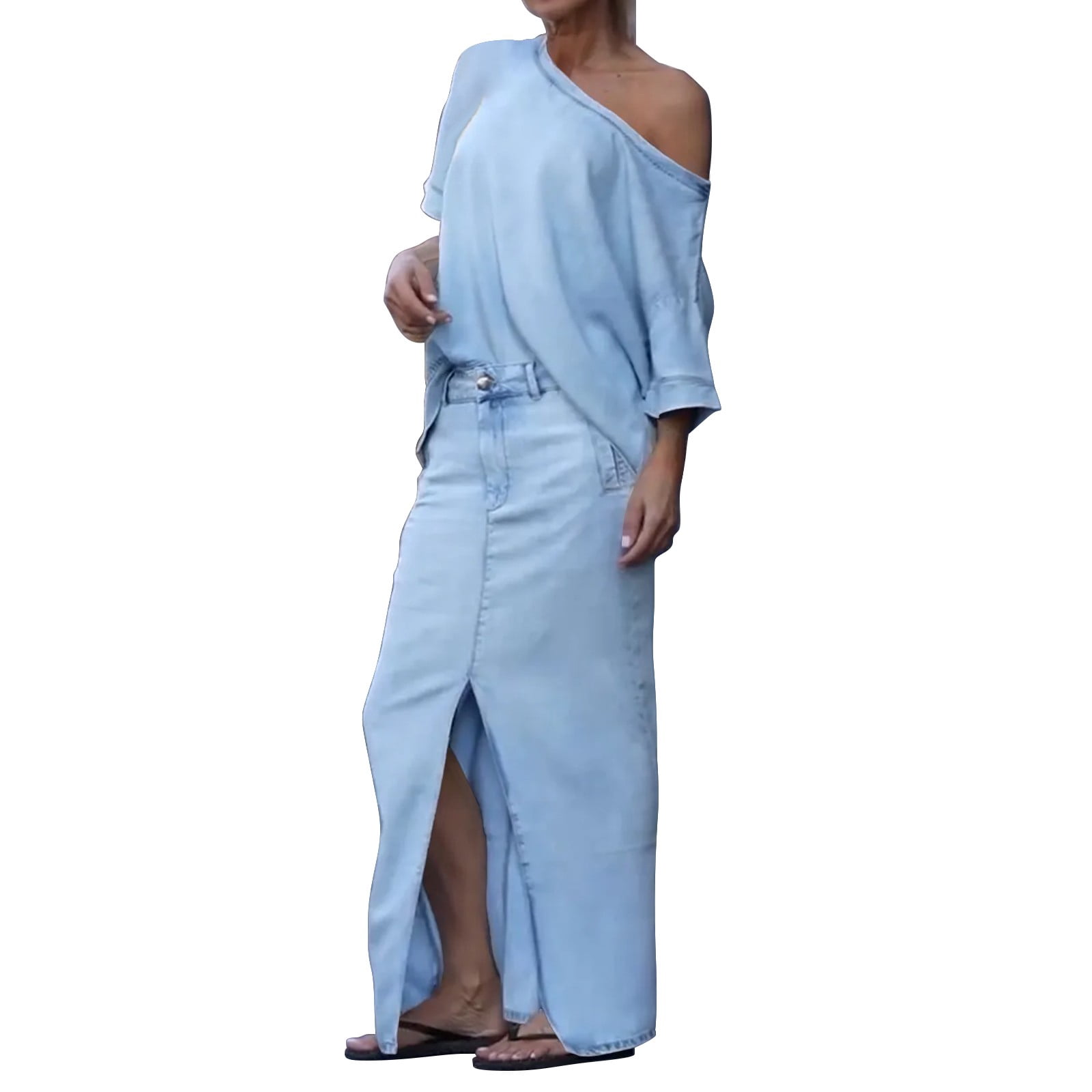 Breezora Women's Round Neck Top and Slit Skirt Set Casual Stretchy ...