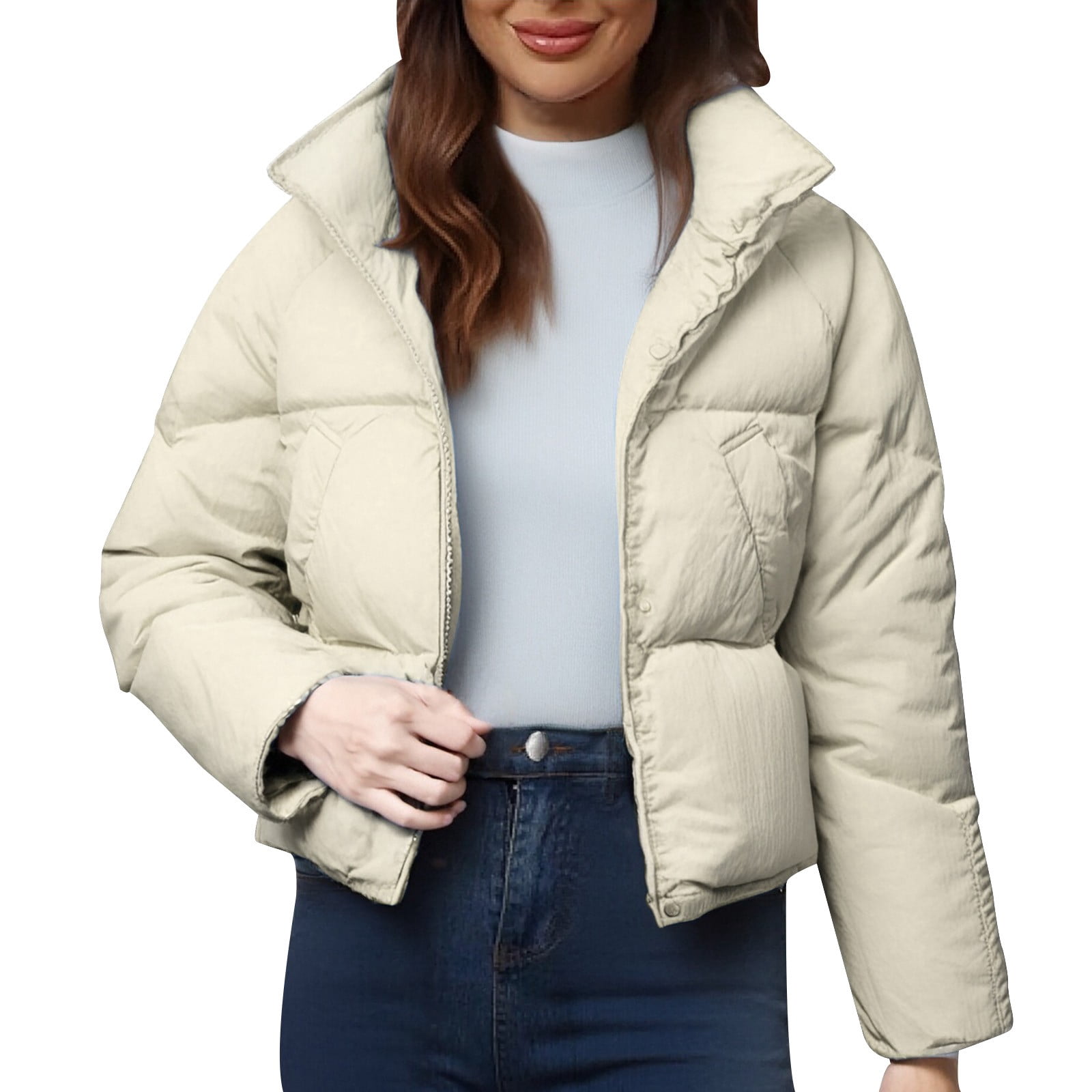 Breezora Women's Short Puffer Jacket with Stand Collar Lightweight Warm ...