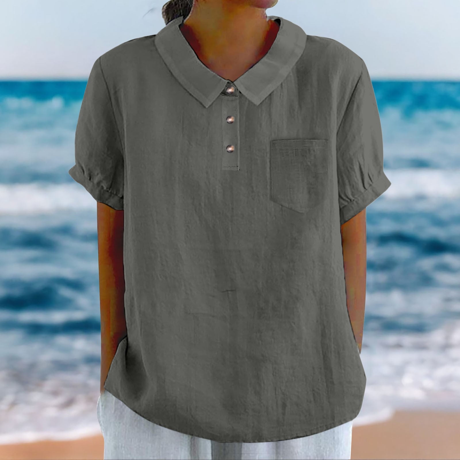 Breezora Women's Short Sleeve T-Shirt, Casual Collared Linen Blouse ...