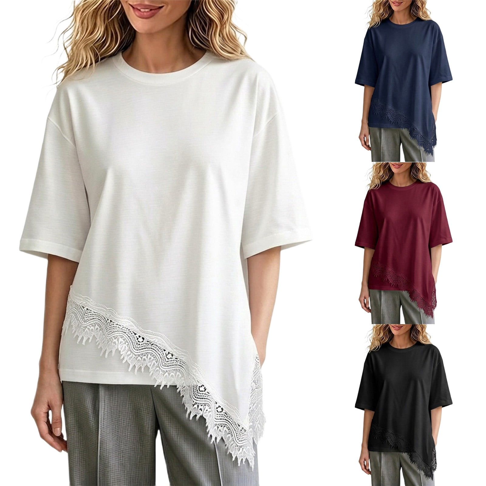 Breezora Women's Short Sleeve T-Shirt, Casual Crewneck Blouse with Lace ...