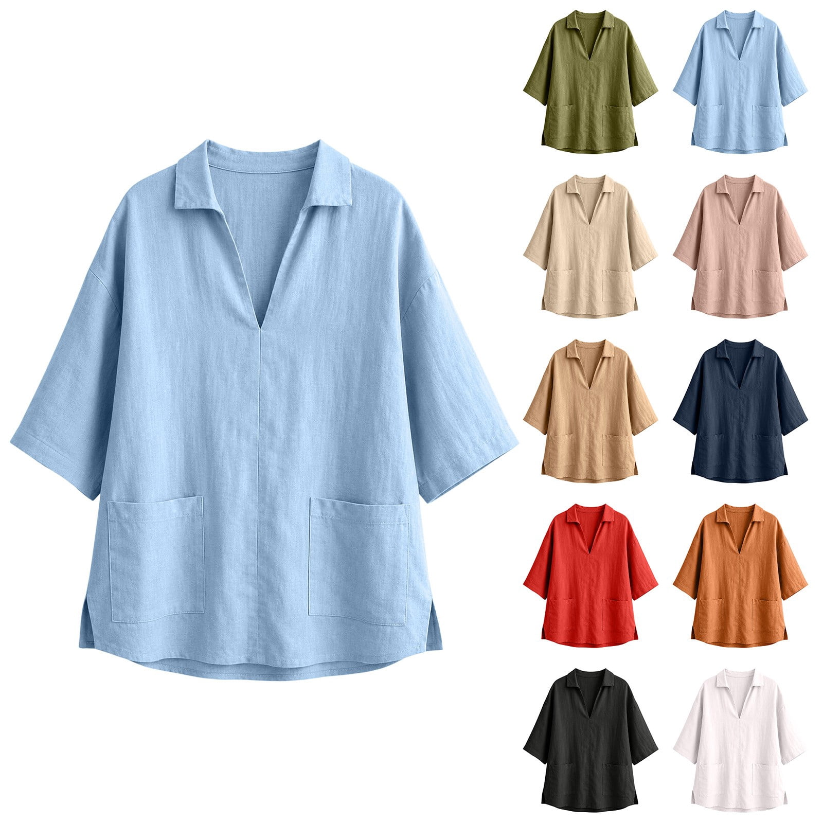 Breezora Women's Short Sleeve T-Shirt, Casual Linen Cotton Blend Lapel ...