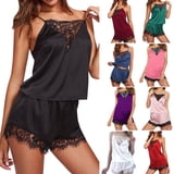Breezora Women's Soft Satin Pajama Set Lace Trim 2 Piece Shorts Spandex ...