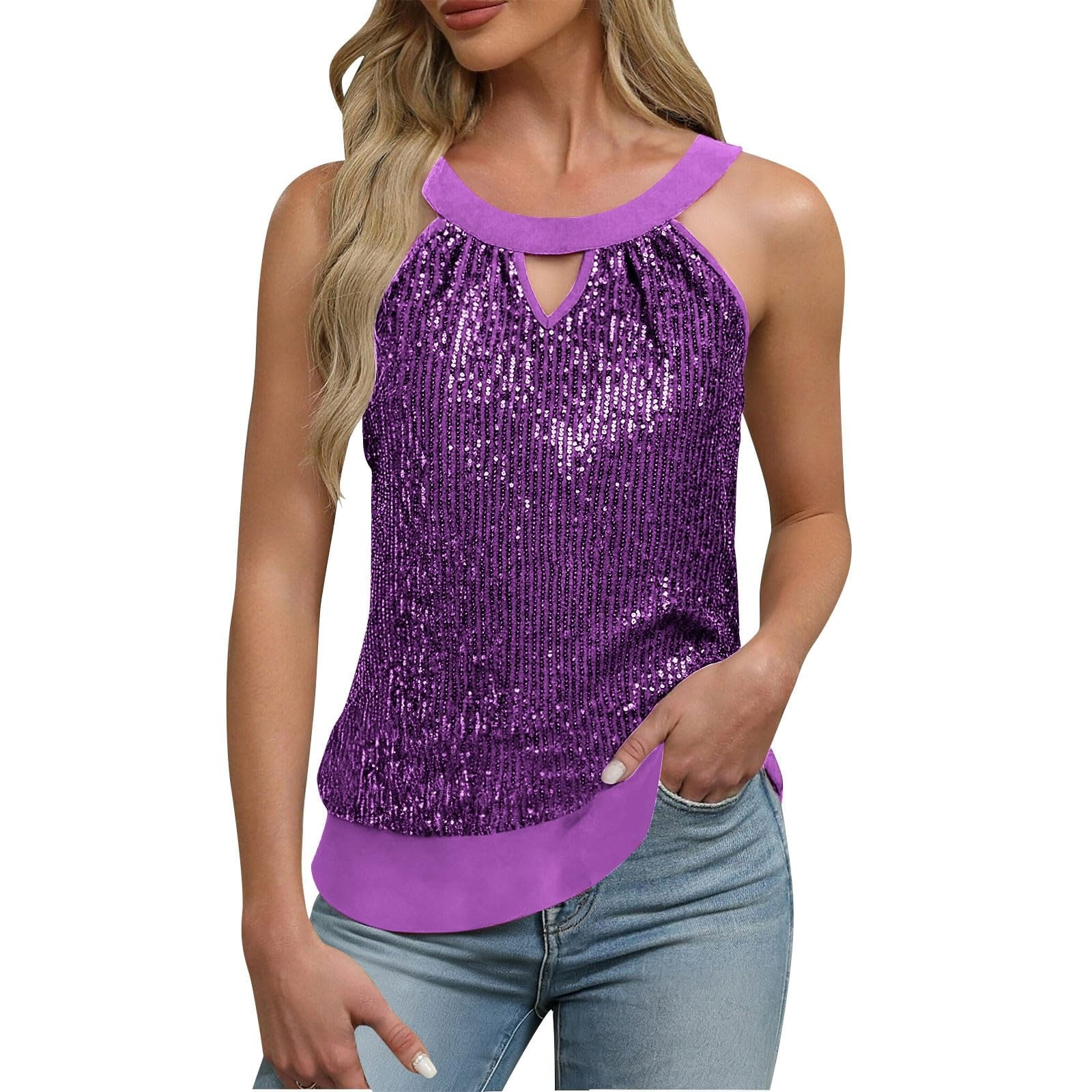 Breezora Women's Sparkly Tie Neck Sleeveless Top Sequin Embellished ...