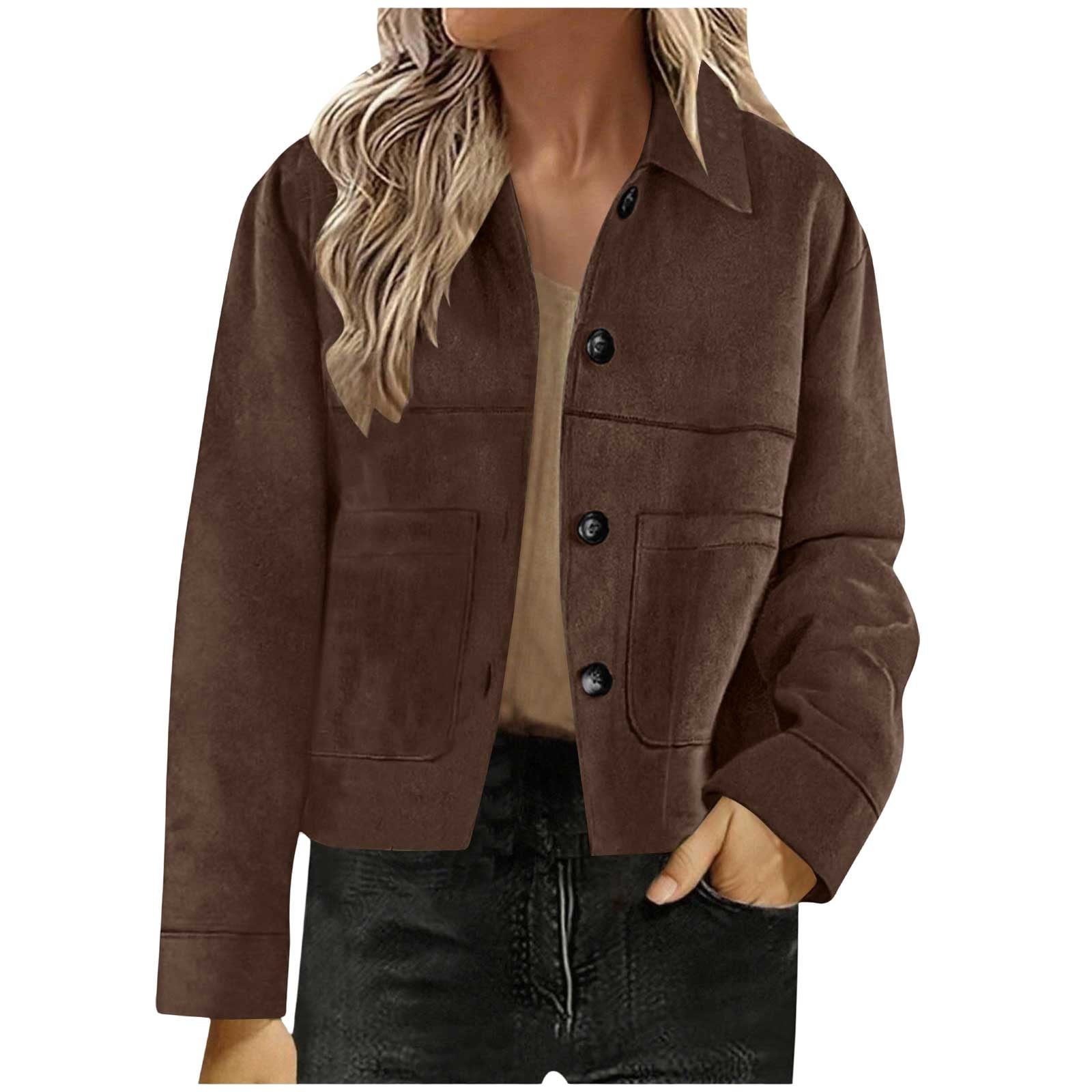 Breezora Women's Suede Jacket Casual Button Down Cropped with Long ...