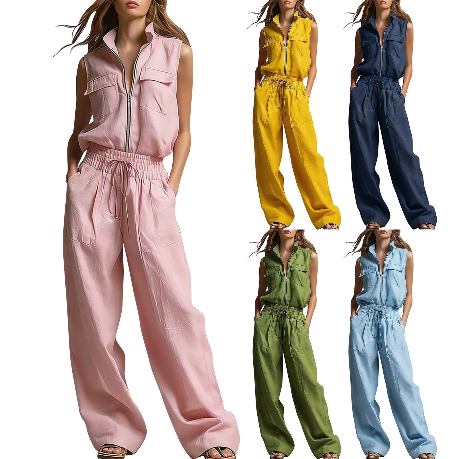 Breezora Women's Summer Casual Linen 2 Piece Outfit Sleeveless Zip Up ...