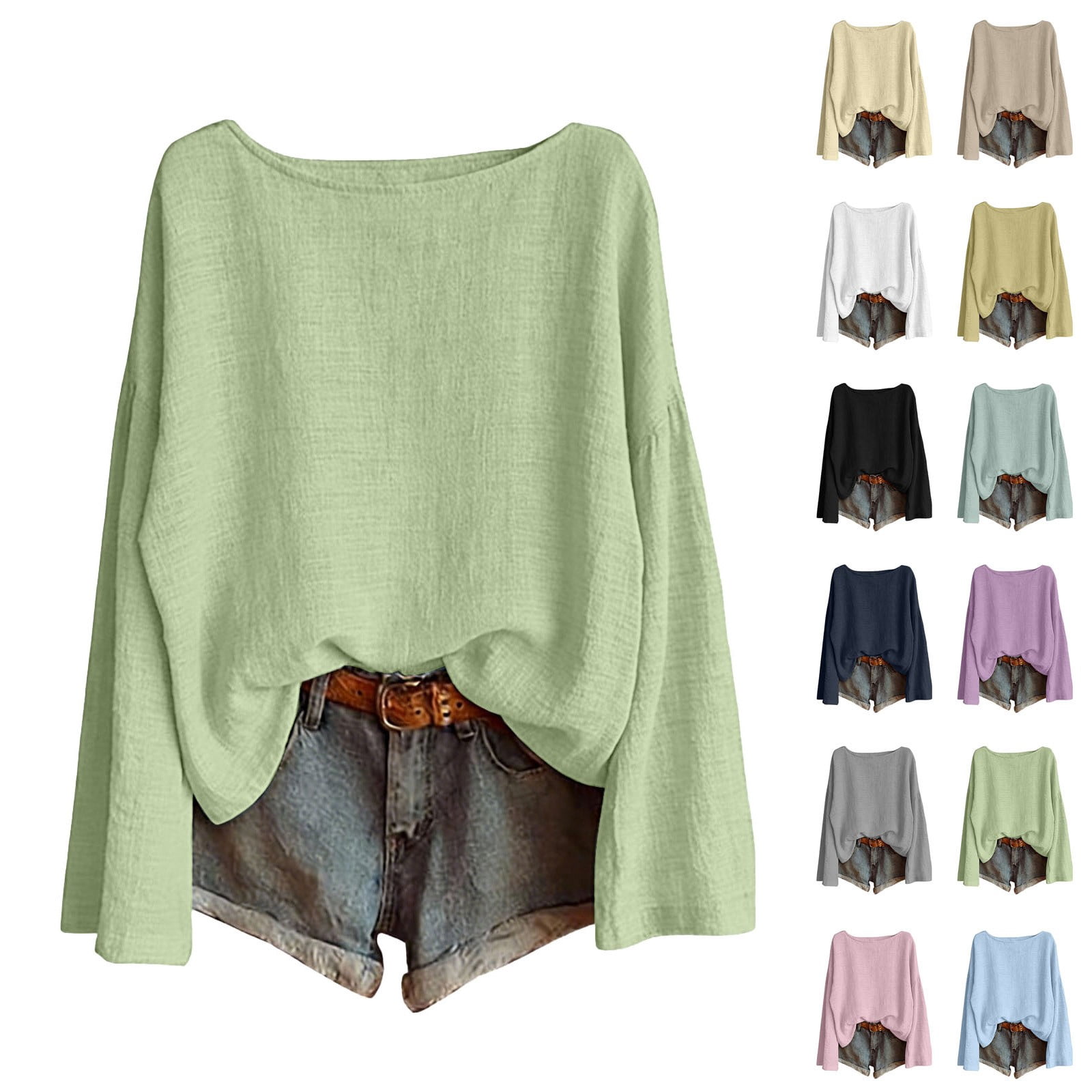 Breezora Women's Summer Casual Linen Shirts Long Sleeve Loose Blouses ...