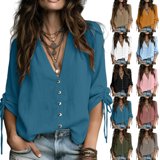 Breezora Women's Summer Casual Relaxed V Neck Button Long Sleeve Shirt ...