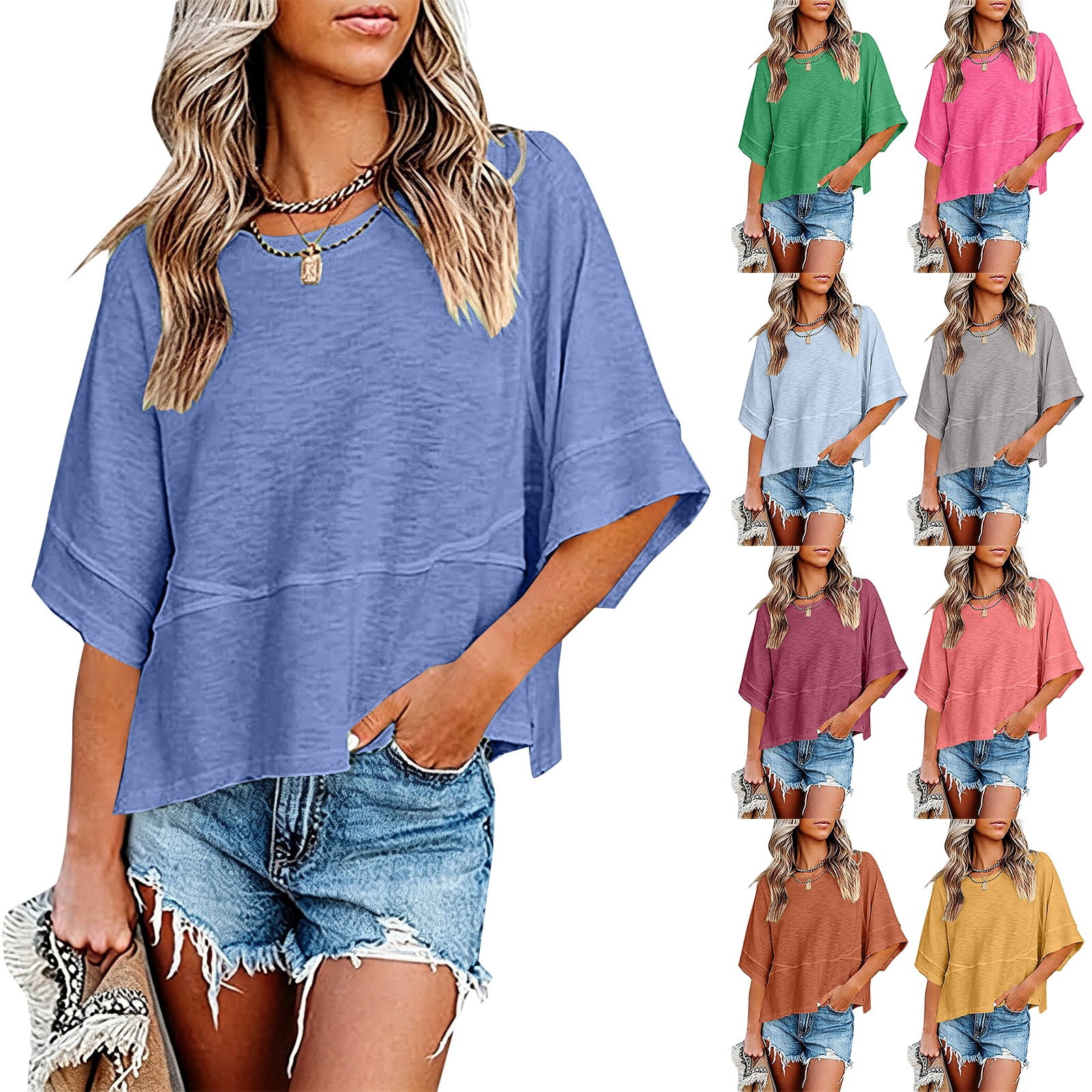 Breezora Women's Summer Casual Round Neck T Shirt Batwing Sleeve Color ...