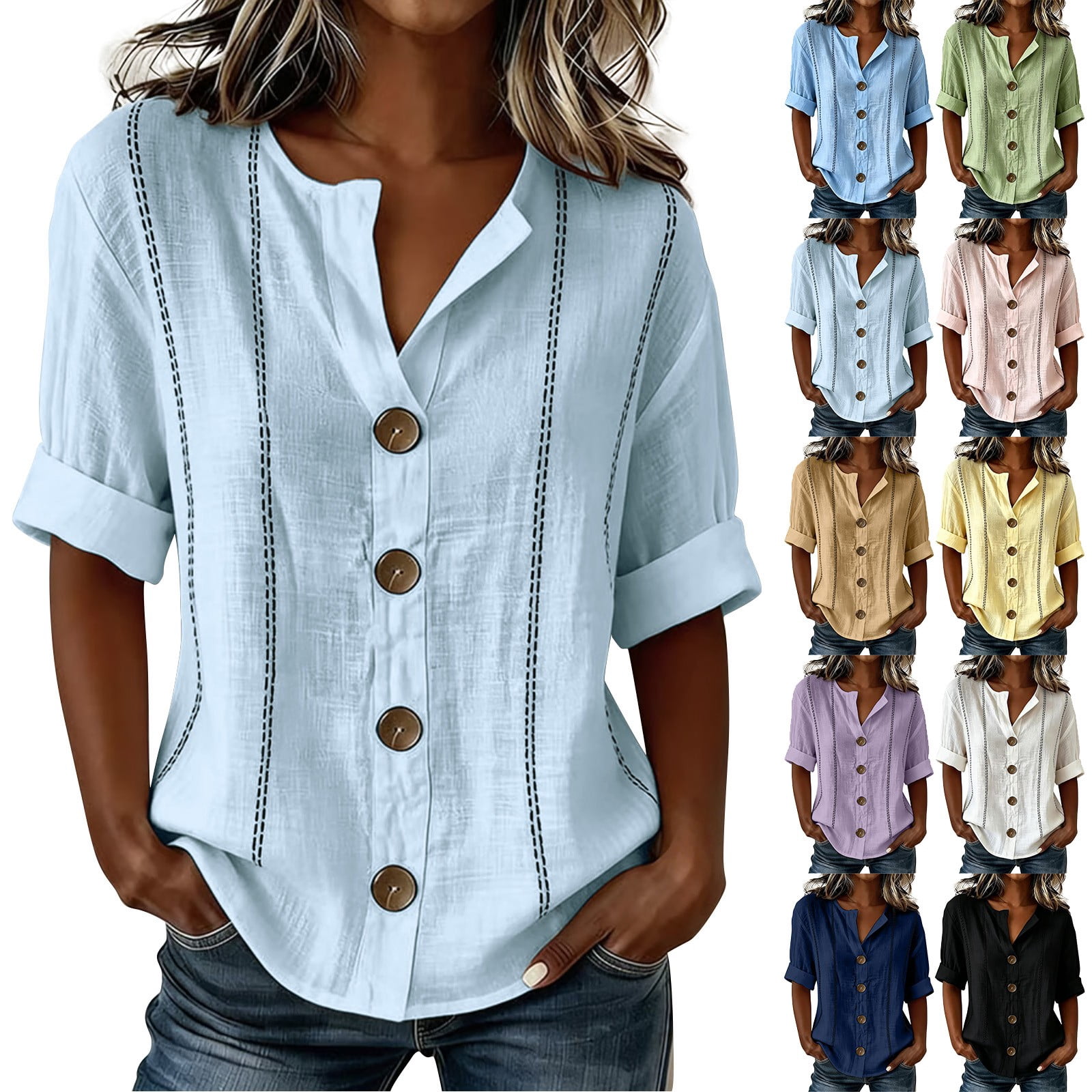 Breezora Women's Summer Casual V Neck Button Up Short Sleeve Striped ...