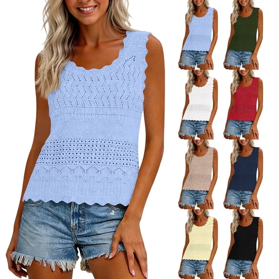 Breezora Women's Summer Crochet Neck Hollow Out Tank Top Loose Fit Wavy ...
